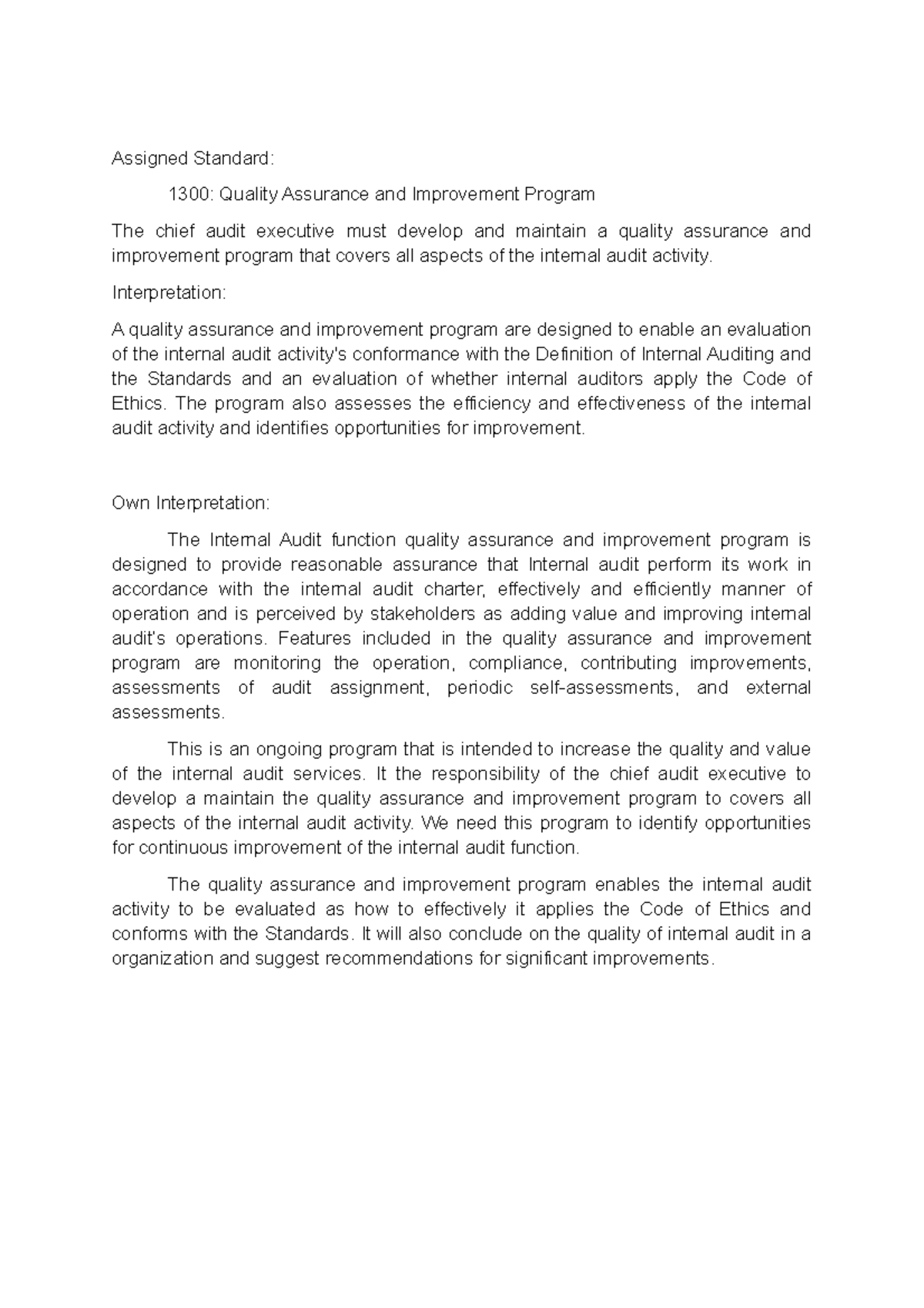 Operations Audit Sample Reflection - Assigned Standard: 1300: Quality ...