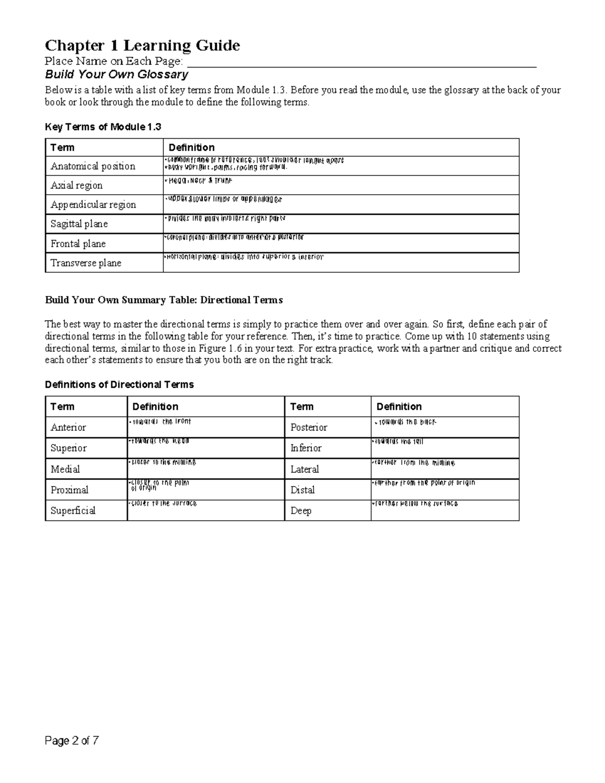 Chapter 1 pg 2 - Chapter 1 Learning Guide Place Name on Each Page ...
