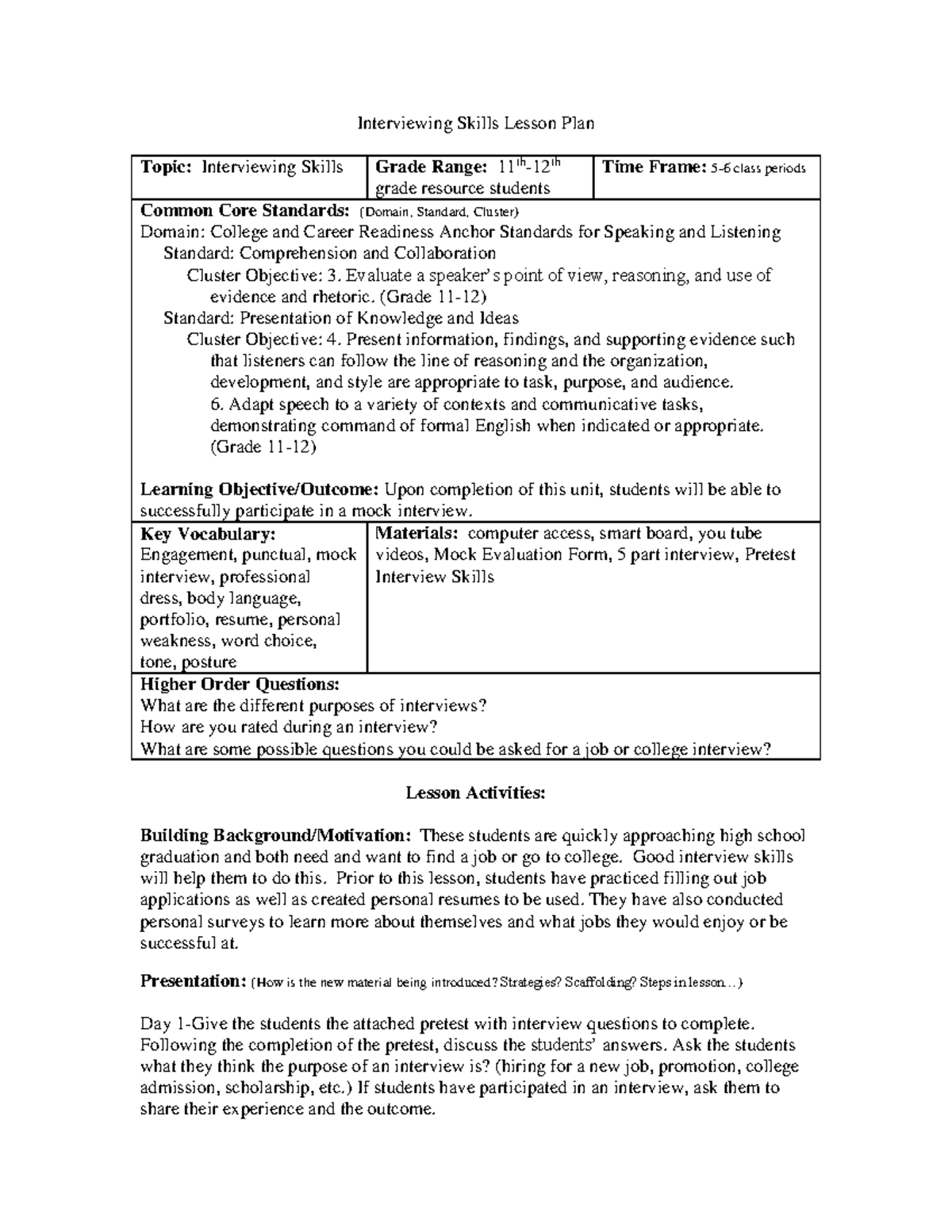 Interview - Interviewing Skills Lesson Plan Topic: Interviewing Skills ...