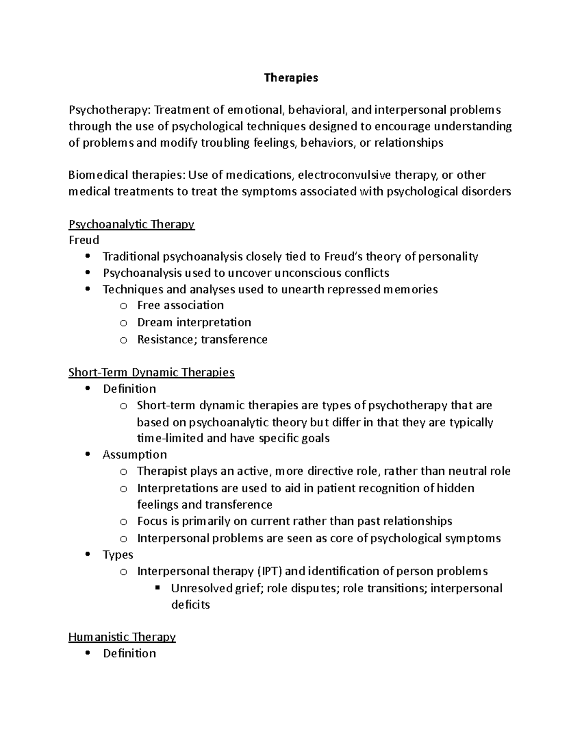 Therapies - Lecture notes 29 - Therapies Psychotherapy: Treatment of ...