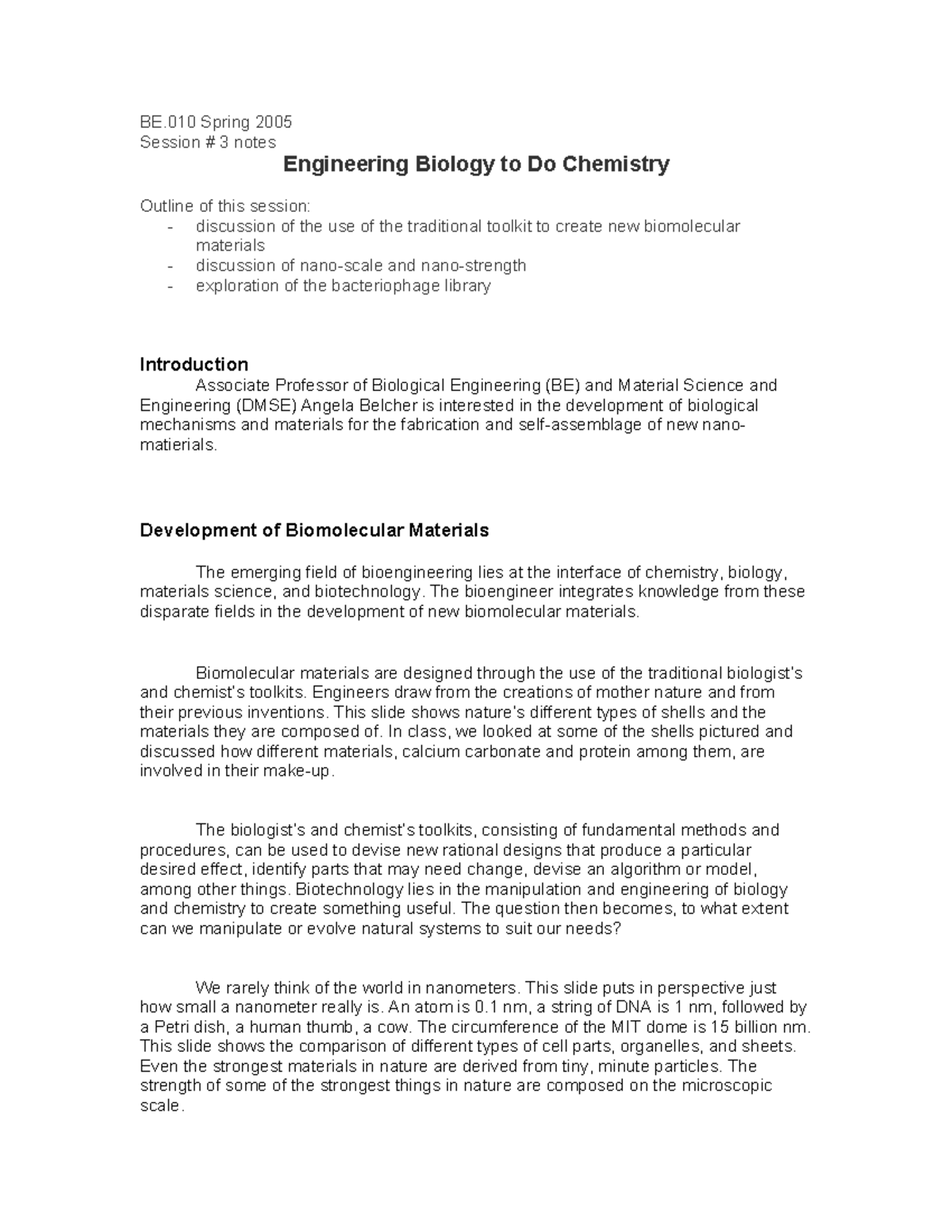 Chemistry Science Lecture Notes - BE Spring 2005 Session # 3 notes ...