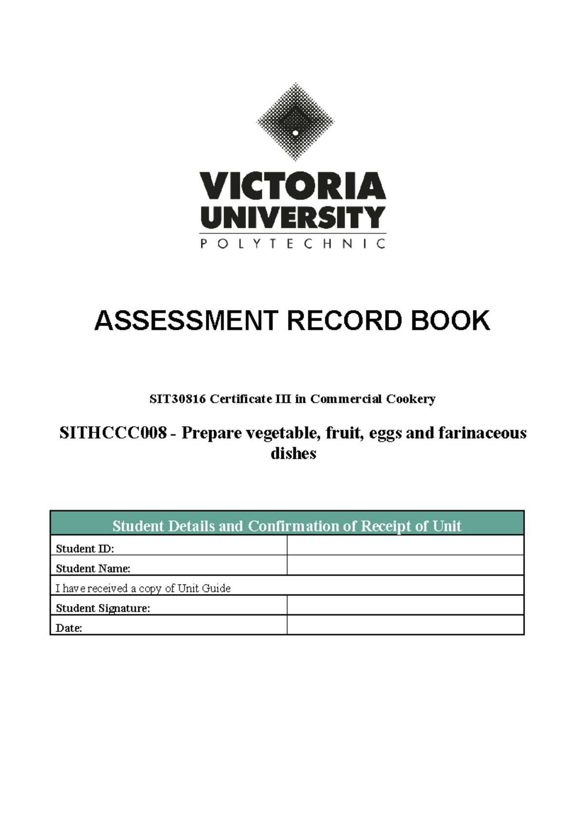 Sithccc 008 ARB -SIT30816 23A FL - ASSESSMENT RECORD BOOK SIT30816 ...