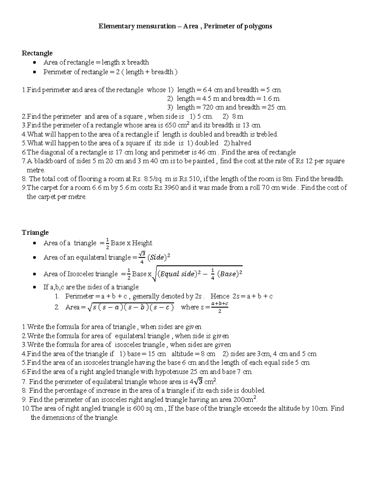 Area and Perimeter - Questions of basic mathematics - Elementary ...