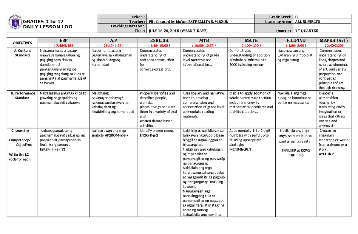 DLL ALL Subjects 2 Q1 W7 D2 - GRADES 1 to 12 DAILY LESSON LOG School: Grade Level: II Teacher ...