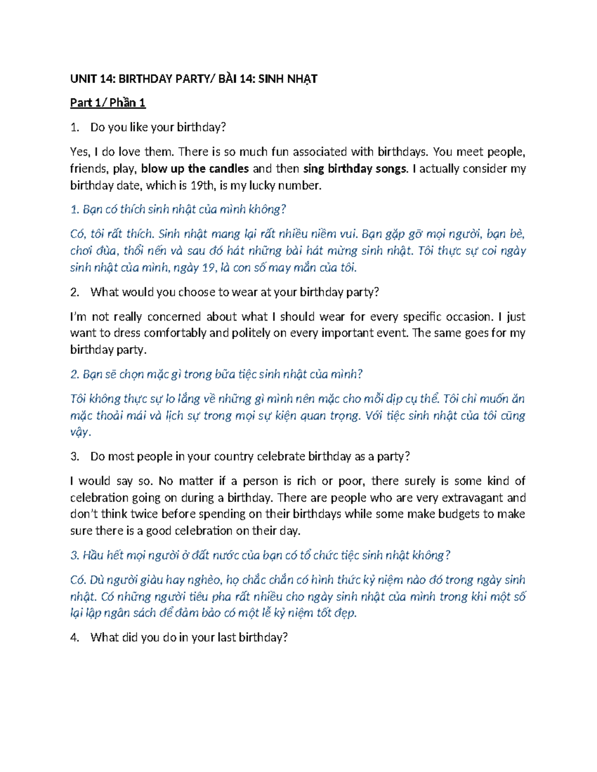 Birthday Party - Sample answer - UNIT 14: BIRTHDAY PARTY/ BÀI 14: SINH ...