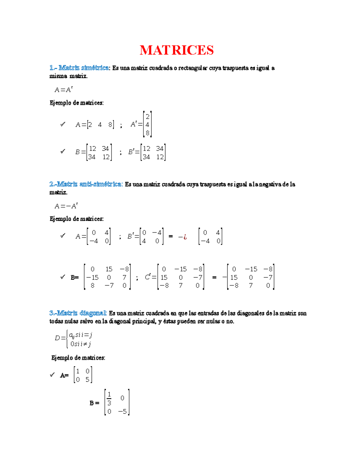 Matrices ESPECIALES PARA RESOLVER EJERCICIOS - MATRICES 1.- Matriz ...