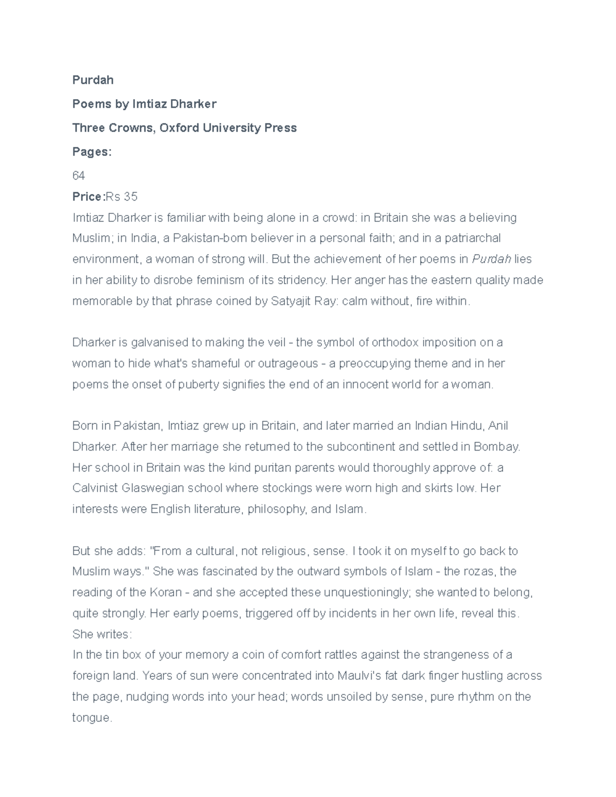 Purdah - Purdah Poems by Imtiaz Dharker Three Crowns, Oxford University ...