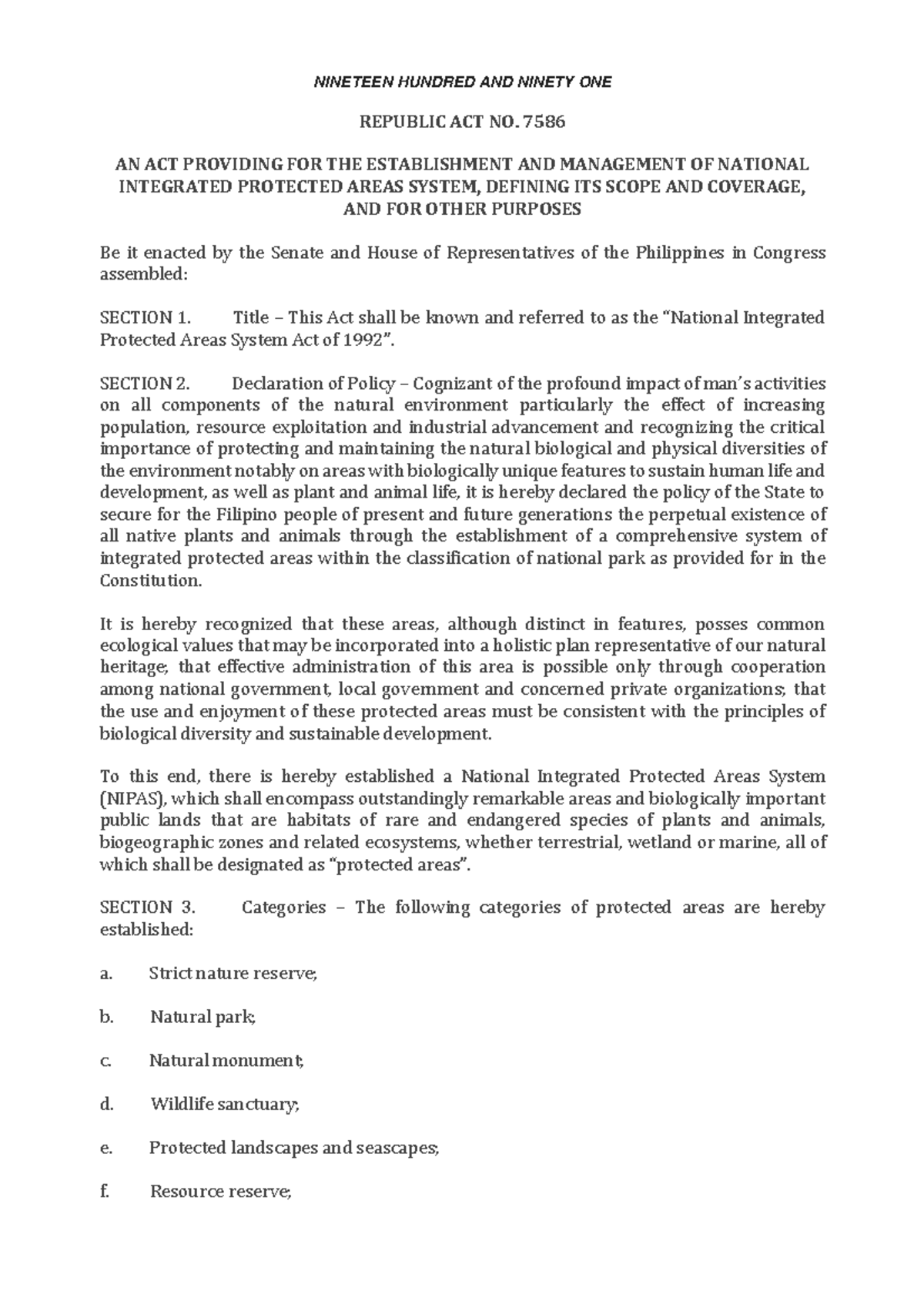 Republic Act No. 7586.pdf ( Nipas ACT) - NINETEEN HUNDRED AND NINETY ...