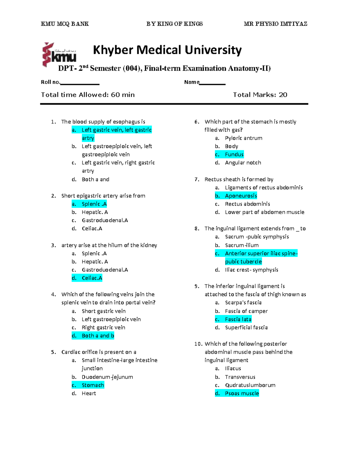 Kmu 23 MID - anatomy second semester past paper - KMU MCQ BANK BY KING ...