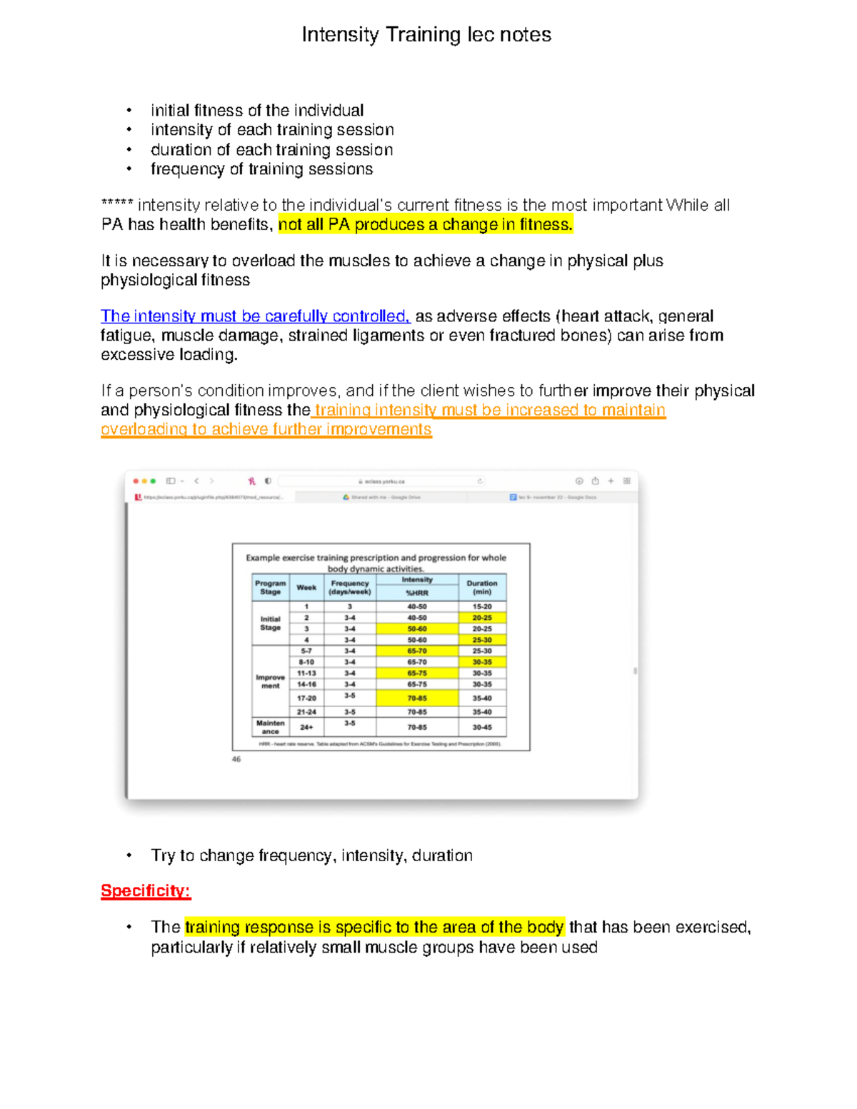 Intensity Training lec notes - initial fitness of the individual ...