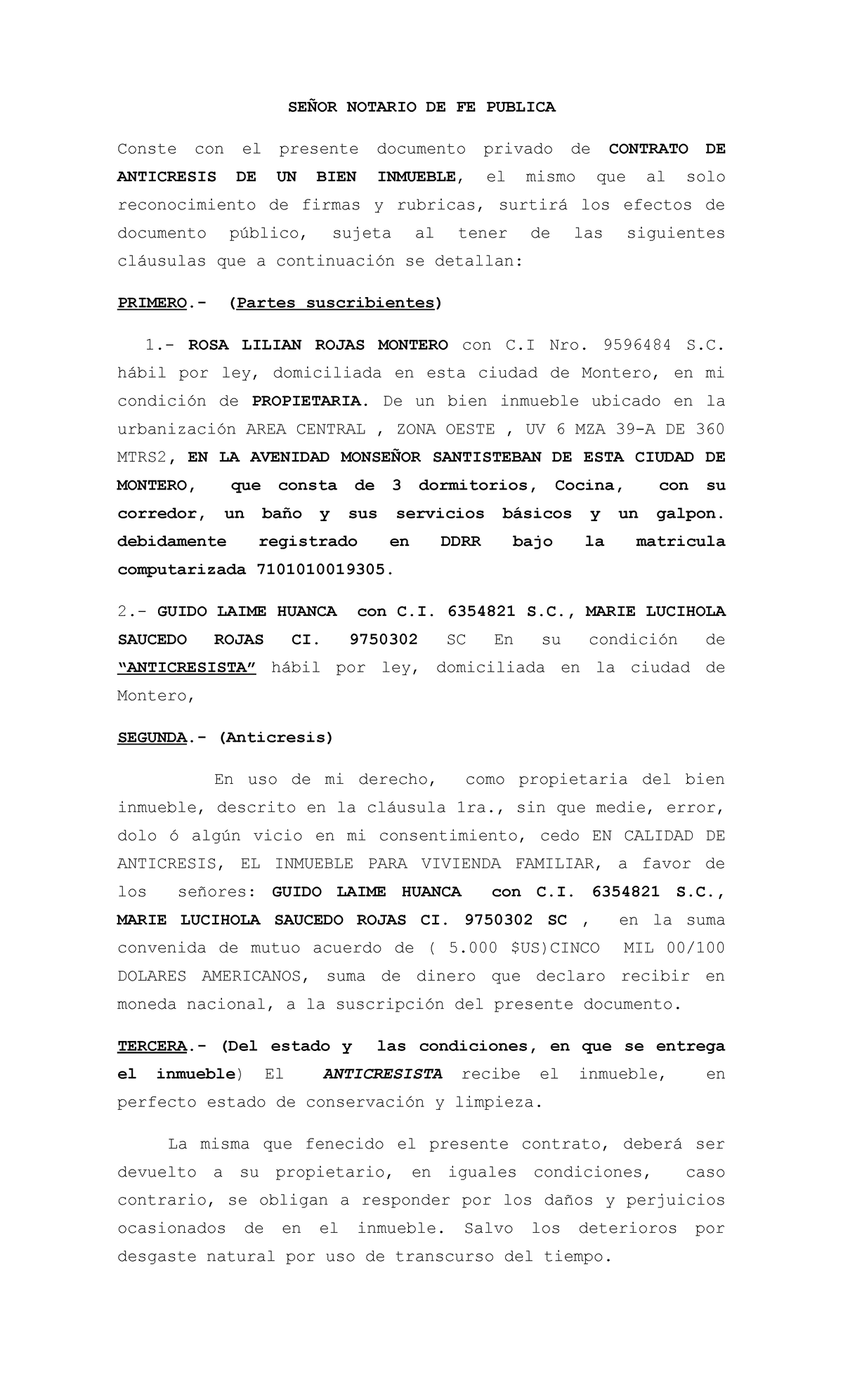 Anticretico Ariel RIOS - SEÑOR NOTARIO DE FE PUBLICA Conste con el ...