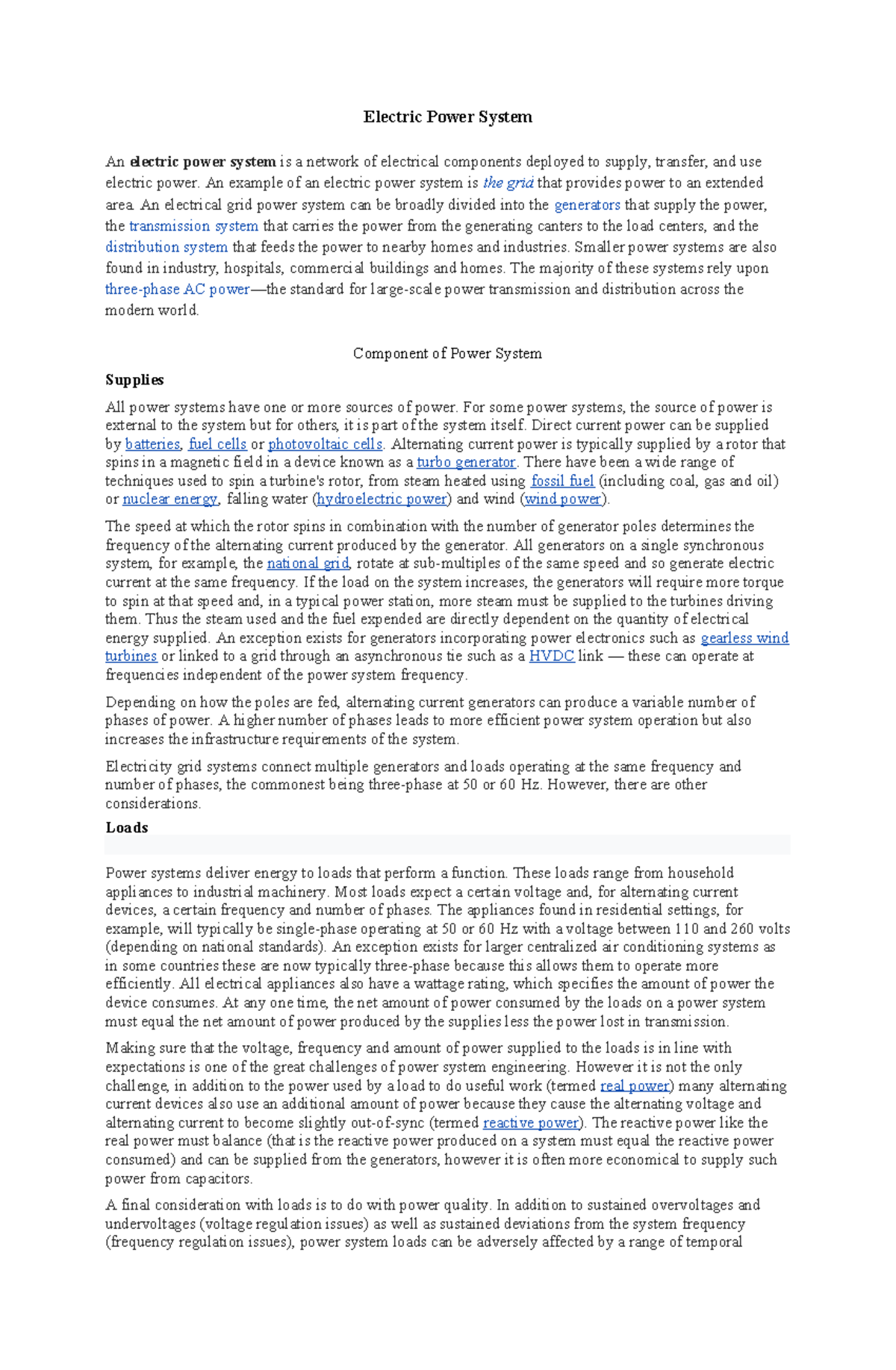 Electric Power System - An example of an electric power system is the ...