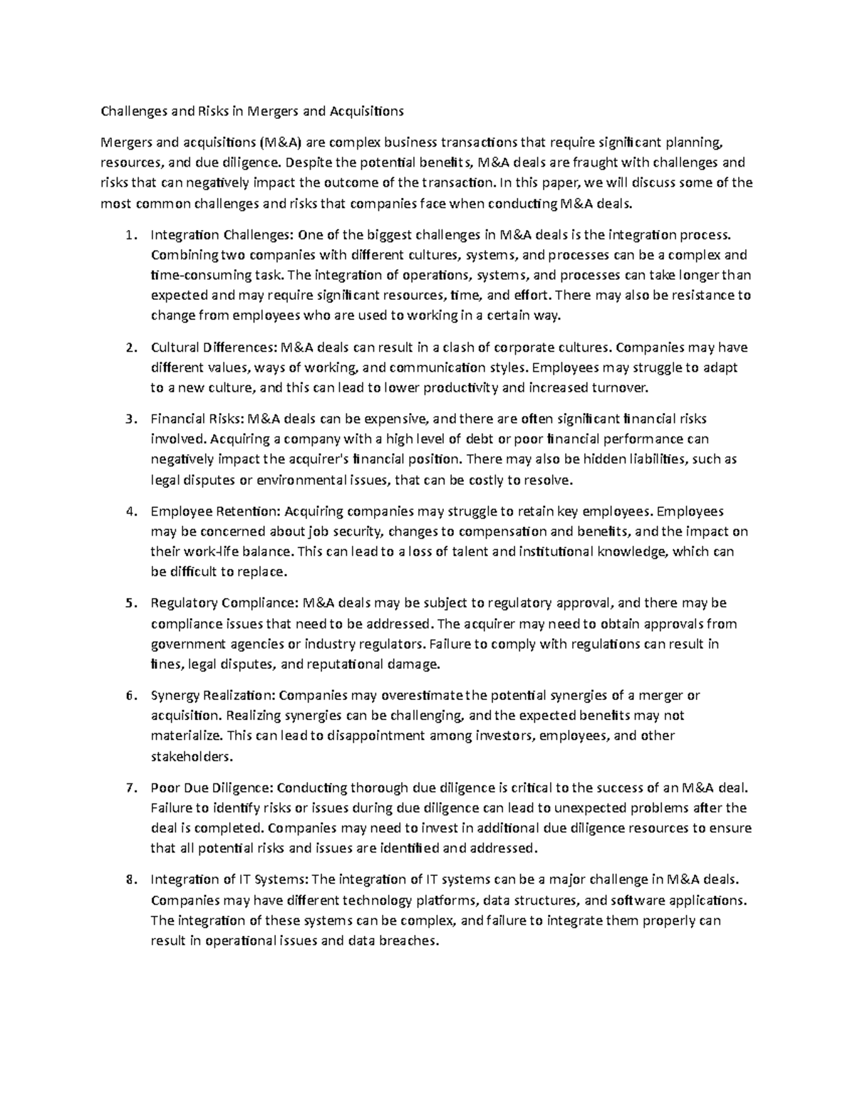 merger and aquisition studoc - Challenges and Risks in Mergers and ...