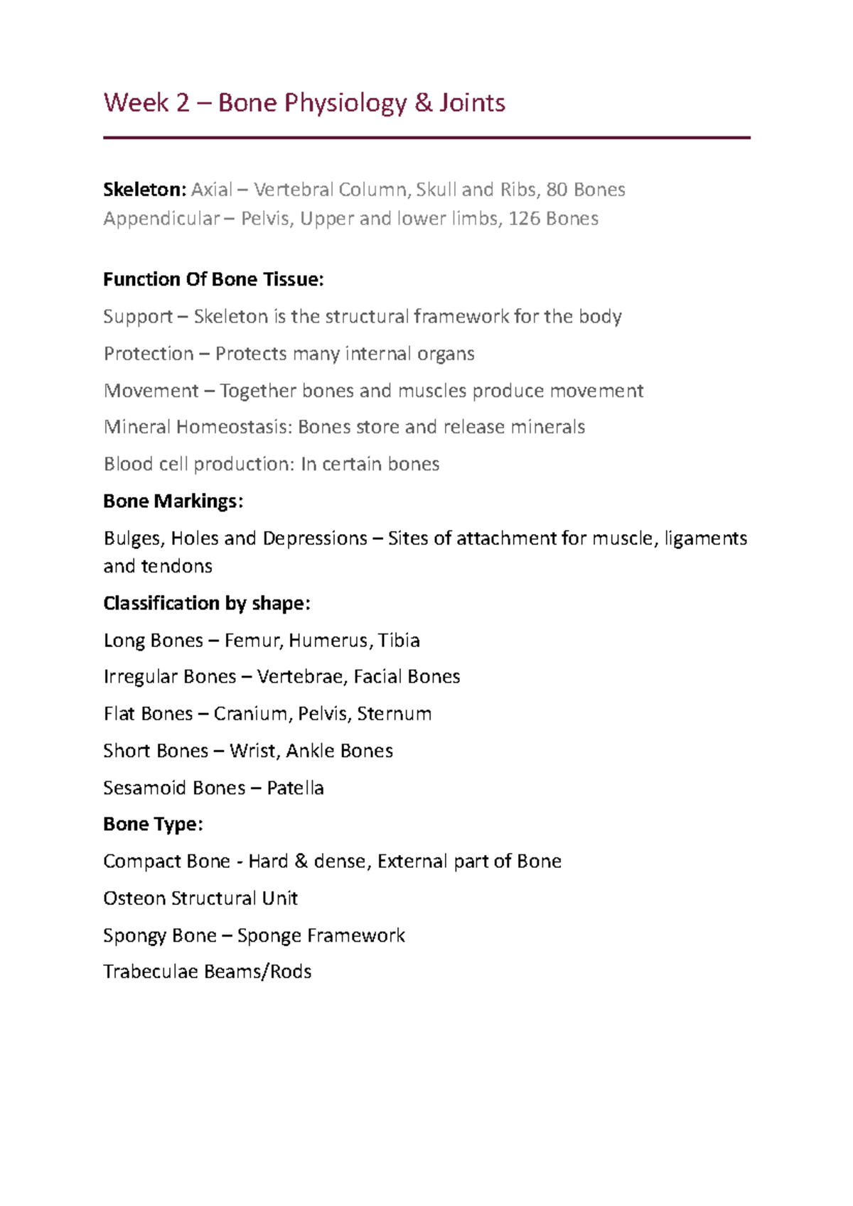Week 2 - Notes on Muscles and Bones - Week 2 – Bone Physiology & Joints ...