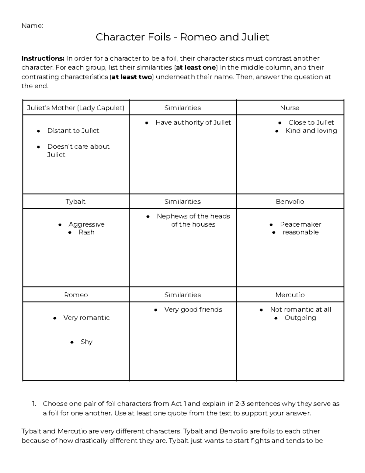 Copy of Character Foils - Romeo and Juliet - Name: Character Foils ...