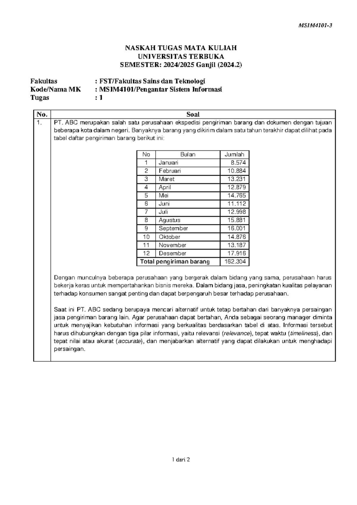 Soal msim4101 Pengantar Sistem Informasi tmk1 3 - MSIM4101- 3 1 dari 2 NASKAH TUGAS MATA KULIAH ...