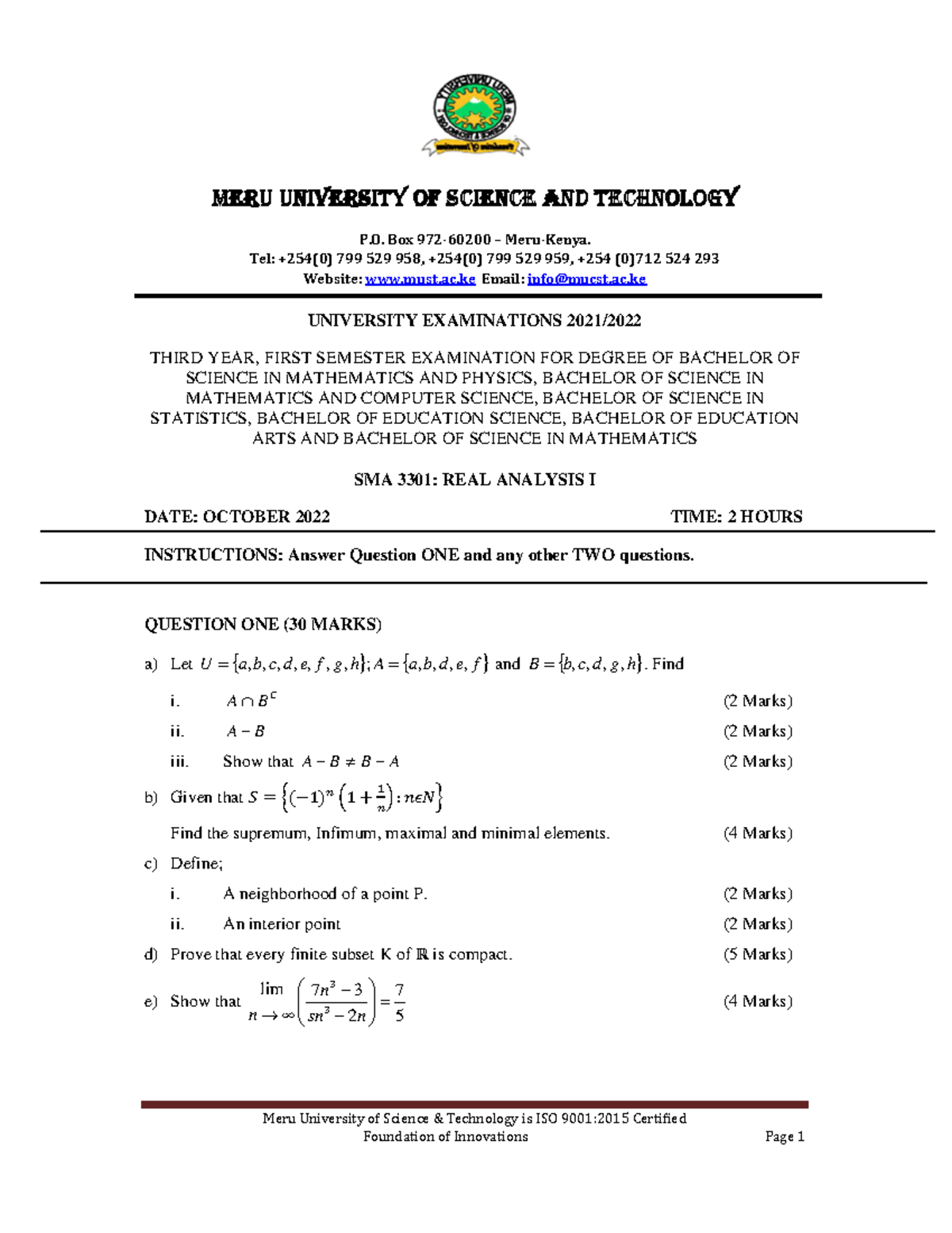 SMA 3301 REAL Analysis I 4 - Meru University of Science & Technology is ISO 9001:2015 Certified ...