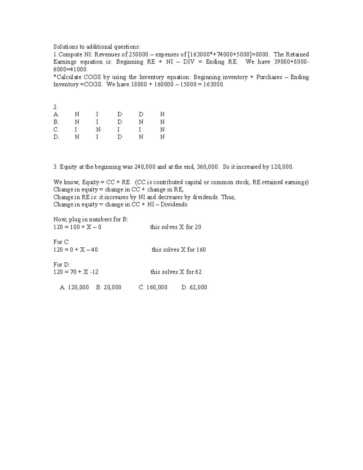 Additional Qssolution - 2024-25 - Solutions to additional questions: 1 NI: Revenues of 250000 ...