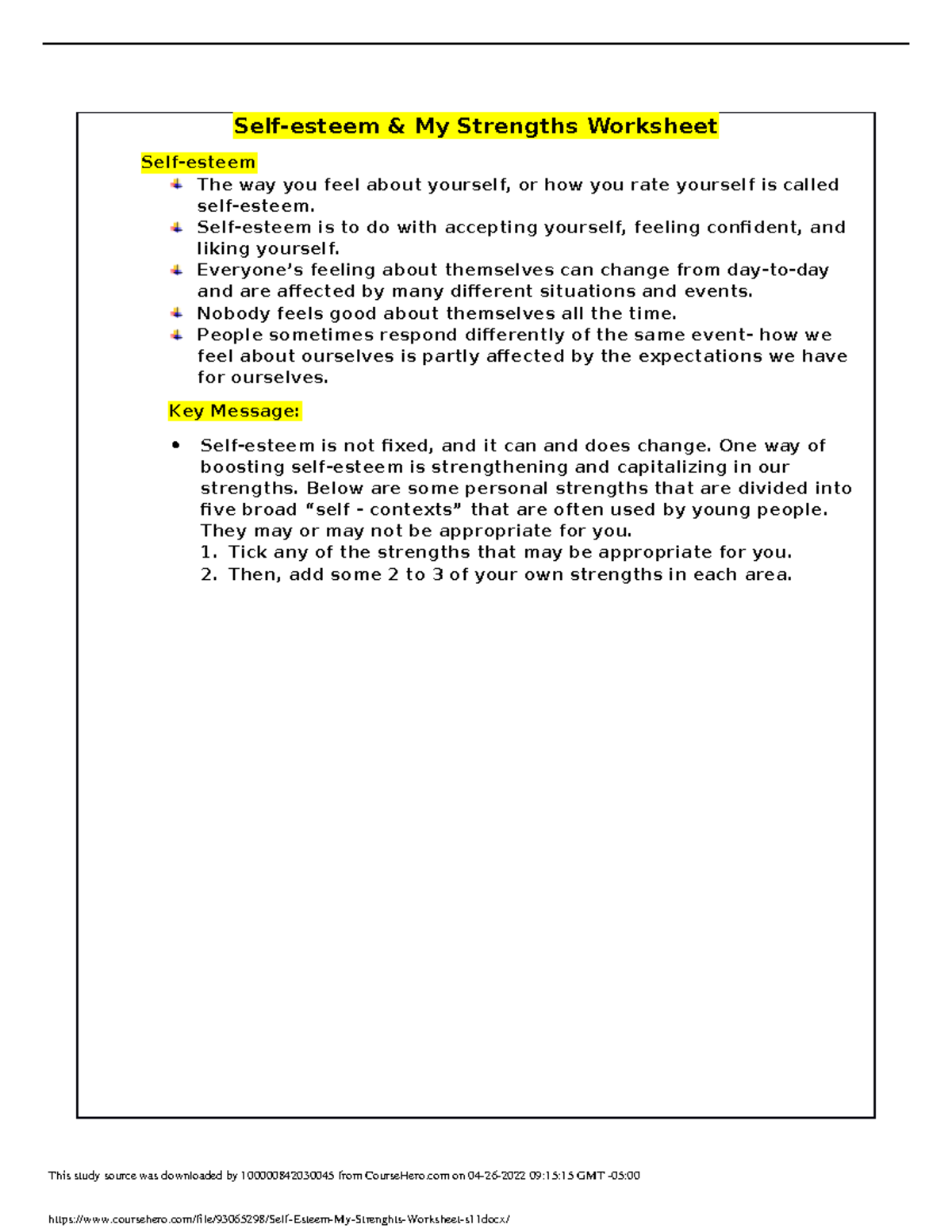 UTS_SELF-CONCEPT Worksheet s11 - Self-esteem & My Strengths Worksheet ...