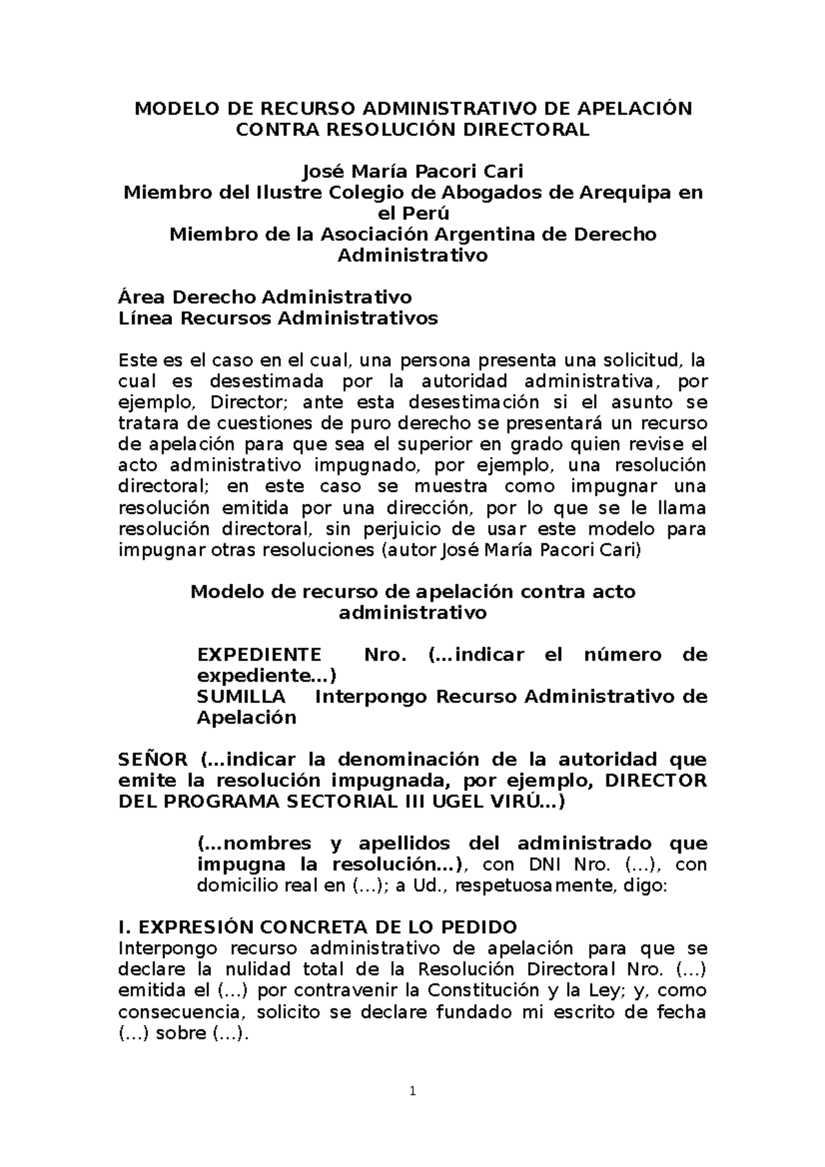 Modelo de recurso administrativo de apelacion contra resolucion directoral - MODELO DE RECURSO ...