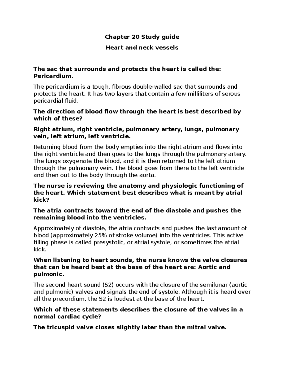 Chapter 20 Study guide - Good notes - Chapter 20 Study guide Heart and ...
