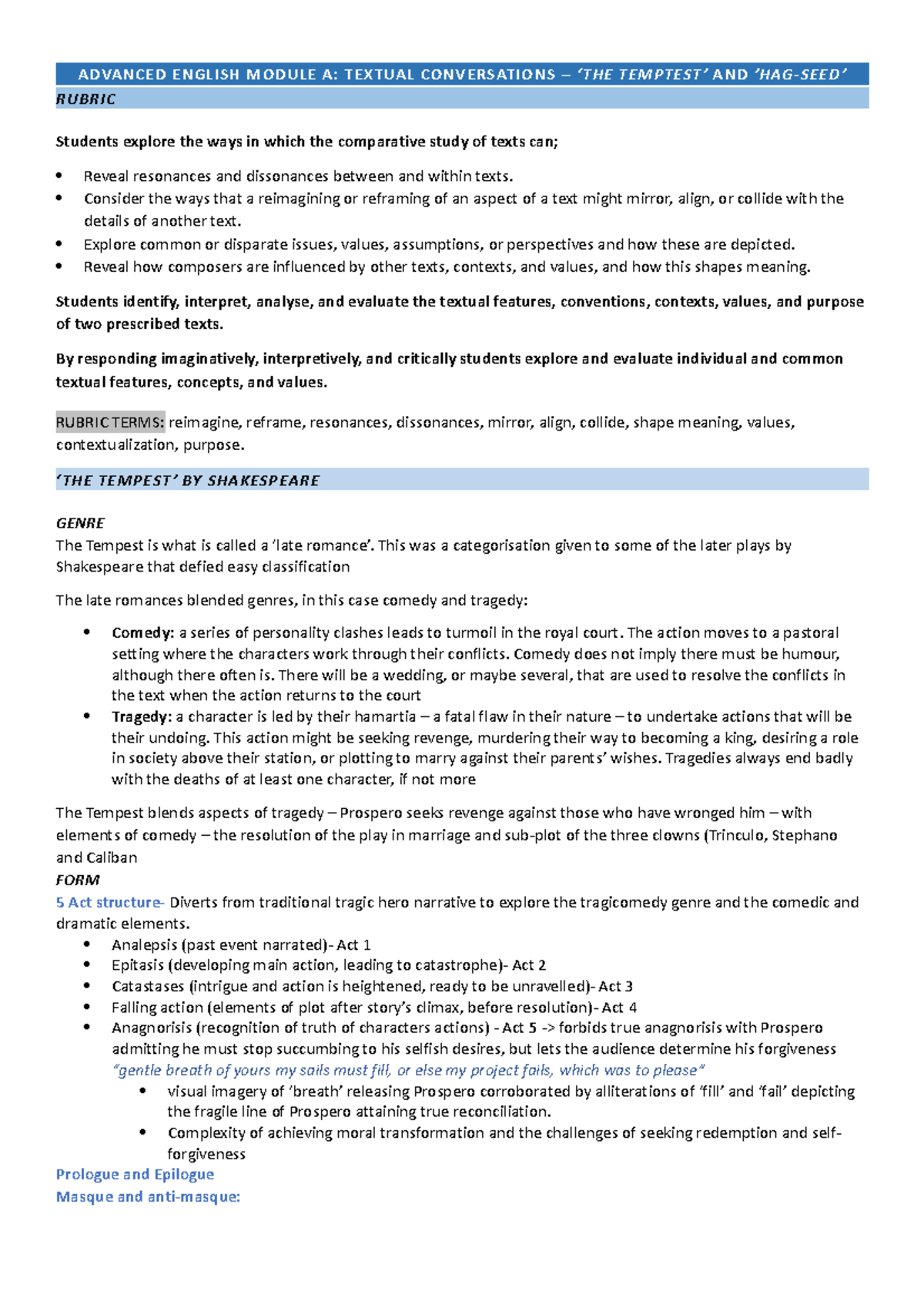 Advanced English MOD A - Textual Conversations 'The Tempest' and 'Hag ...