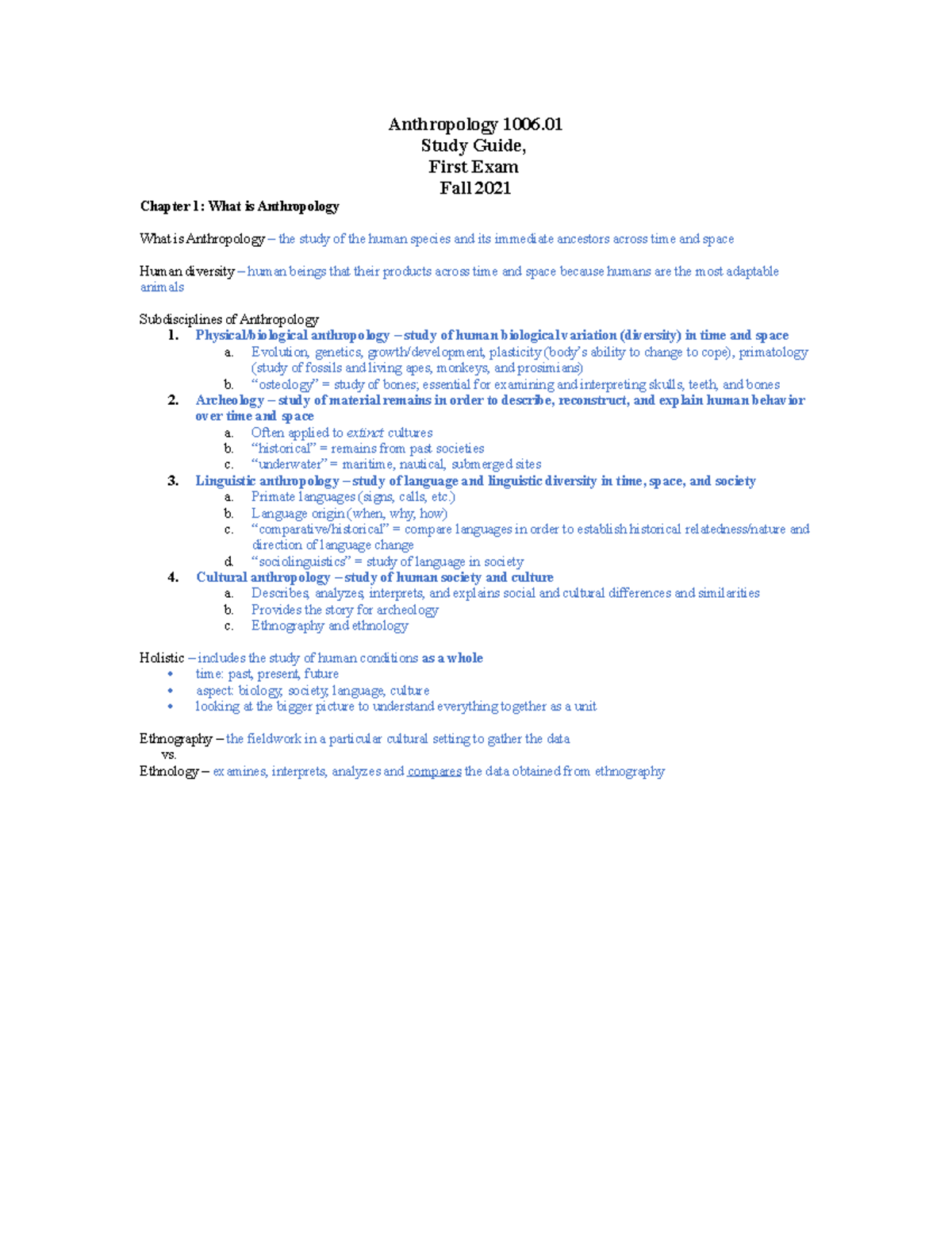 ANTH Exam 1 Study Guide - Anthropology 1006. Study Guide, First Exam ...