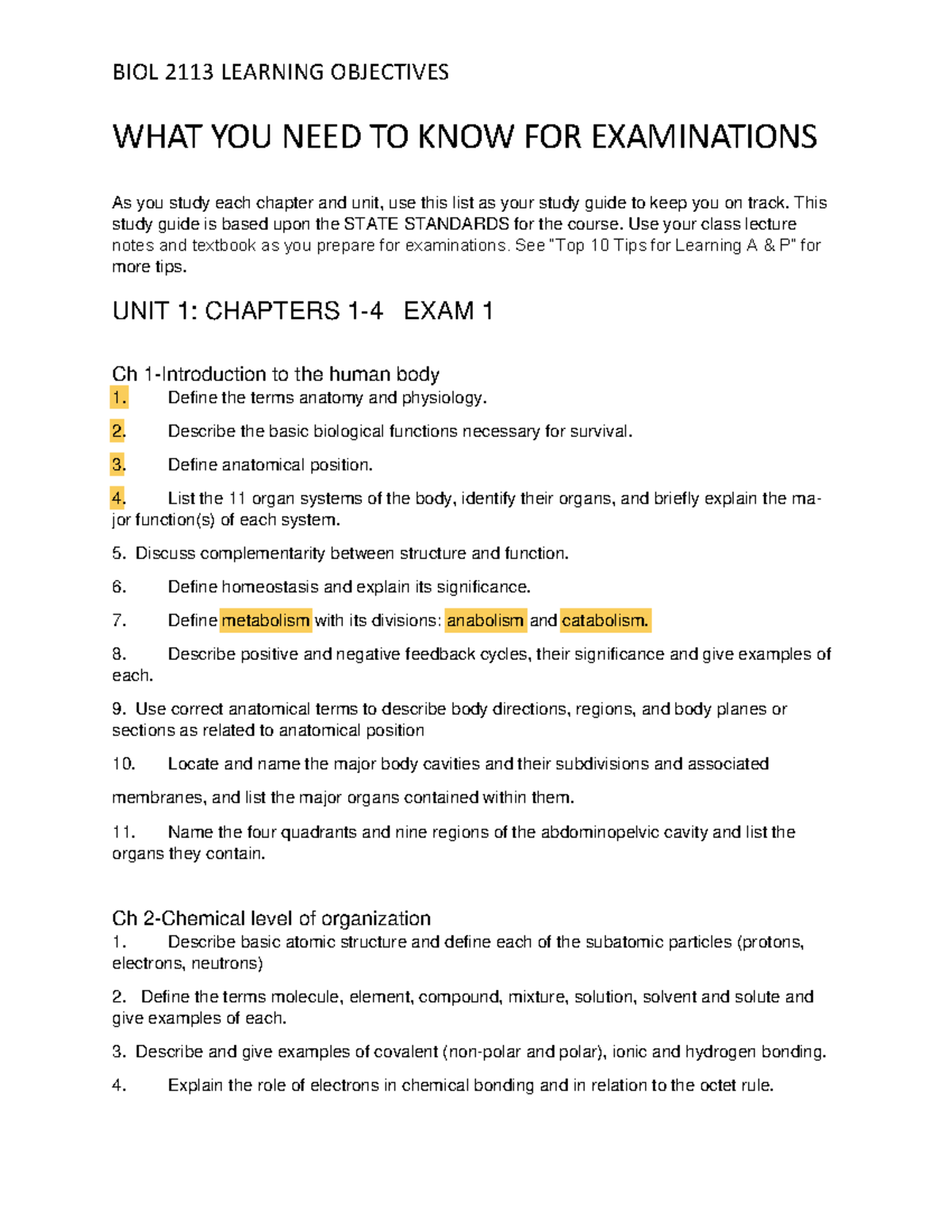 2113 Study Guide - WHAT YOU NEED TO KNOW FOR EXAMINATIONS As you study ...