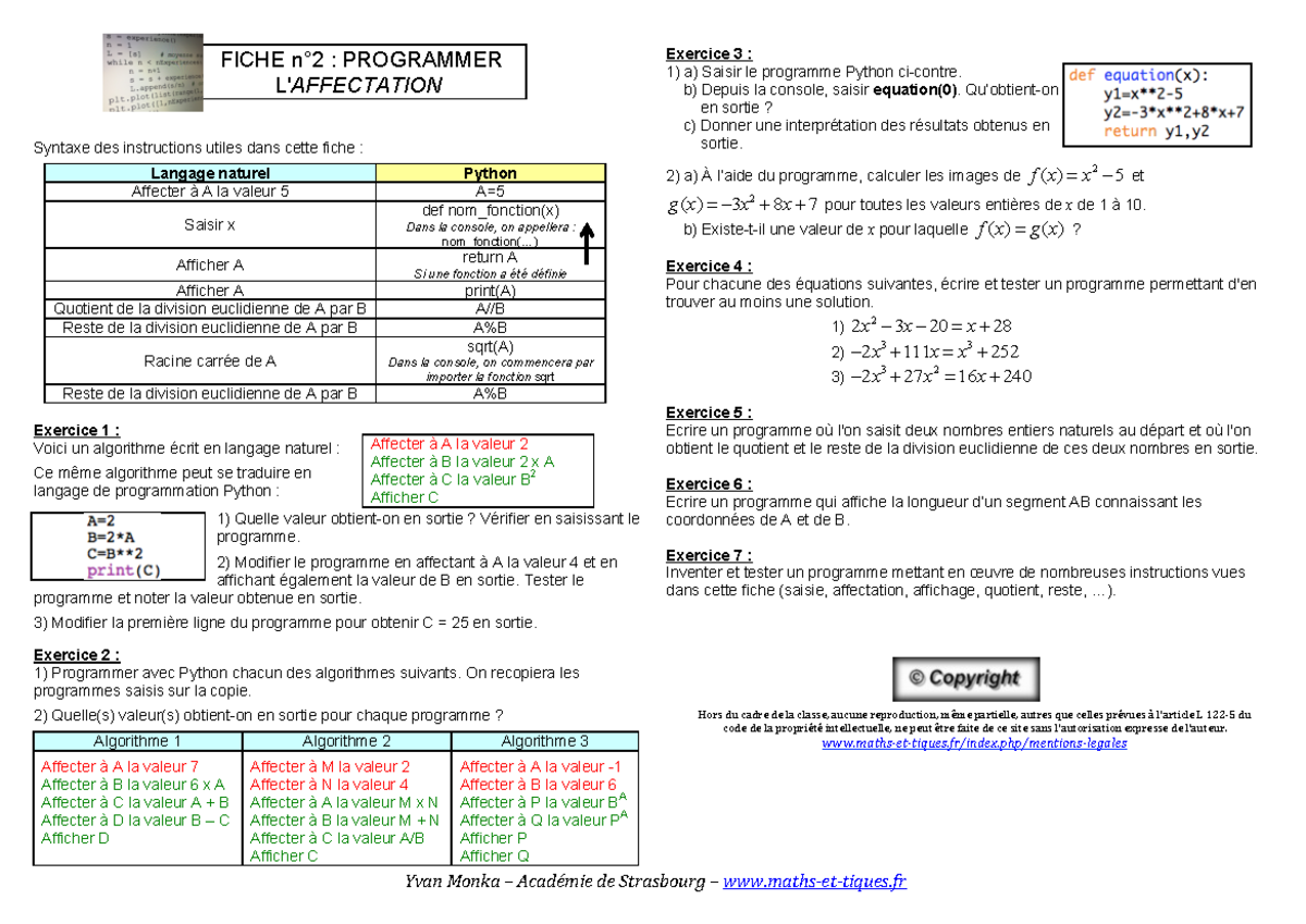 Affectation 2p - Yvan Monka – Académie de Strasbourg – maths-et-tiques FICHE n°2 : PROGRAMMER ...