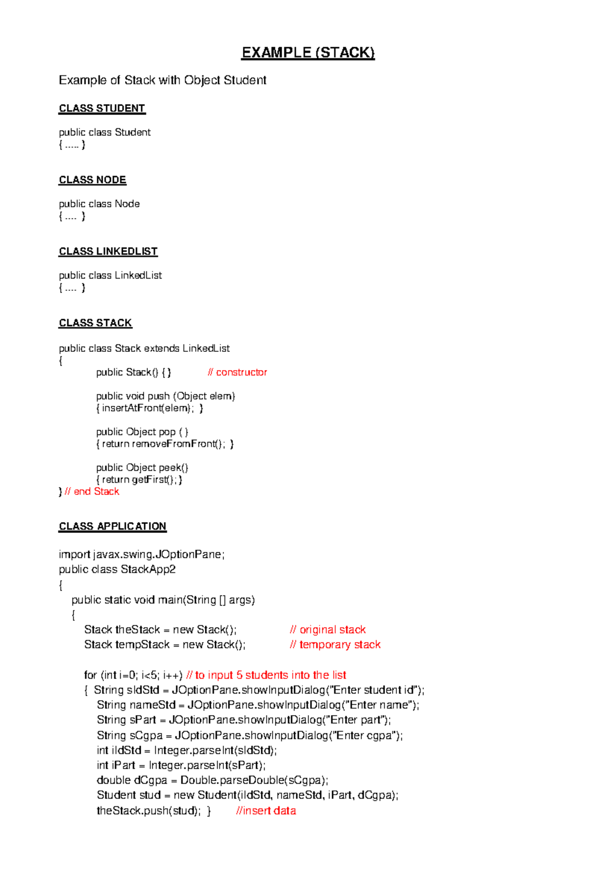 Stack - Lecture notes 6 - EXAMPLE (STACK) Example of Stack with Object ...