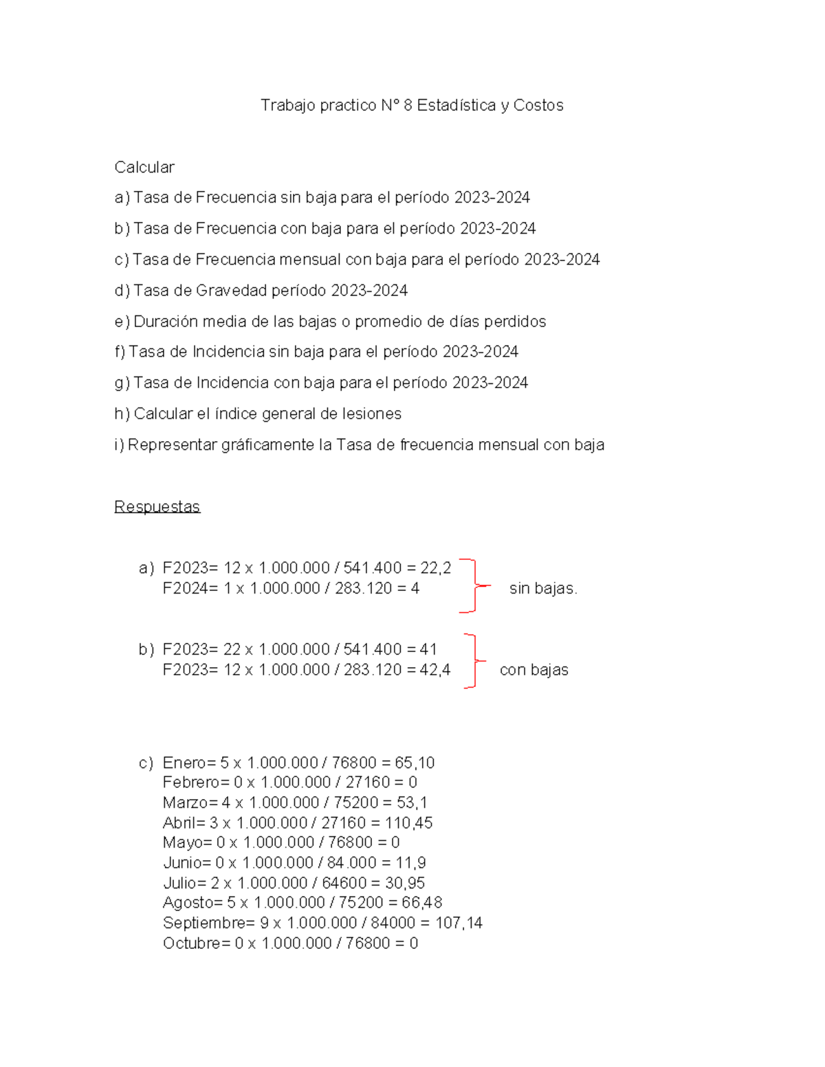 Trabajo practico N 8 estadictica y costos - Trabajo practico N° 8 Estadística y Costos Calcular ...