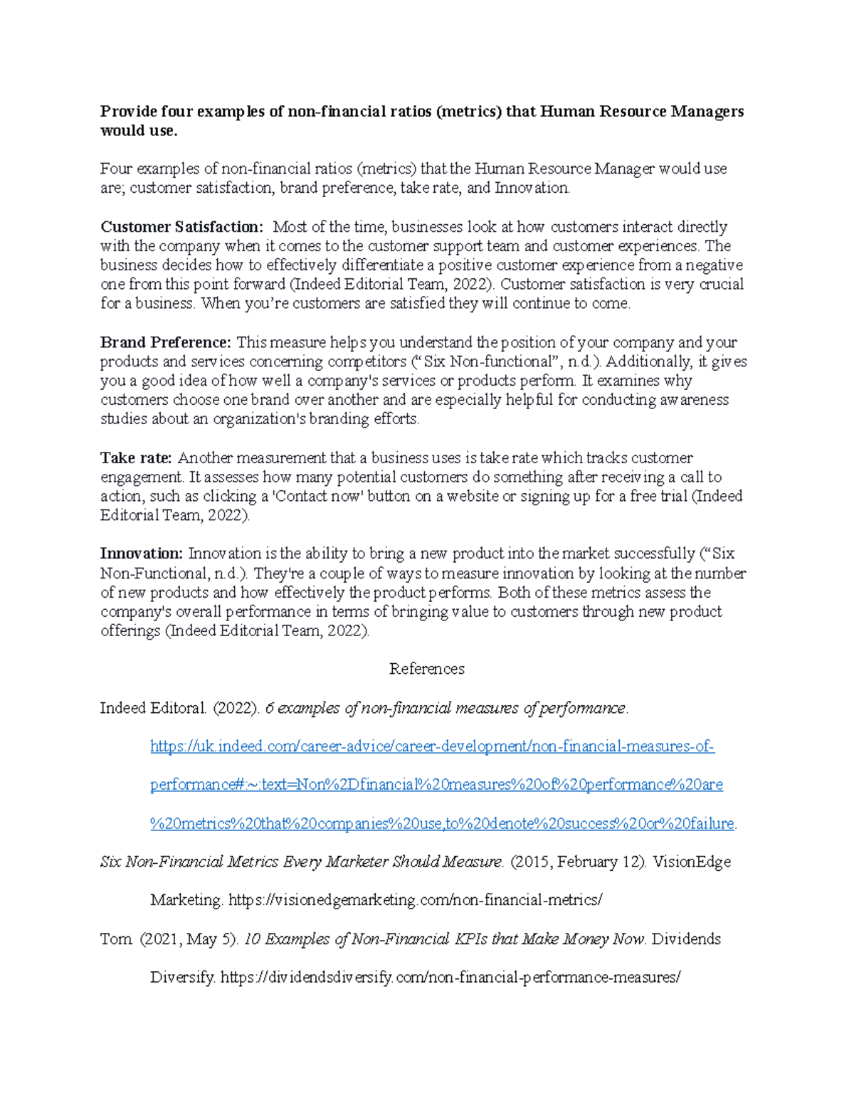 M8 - discussion post - Provide four examples of non-financial ratios ...