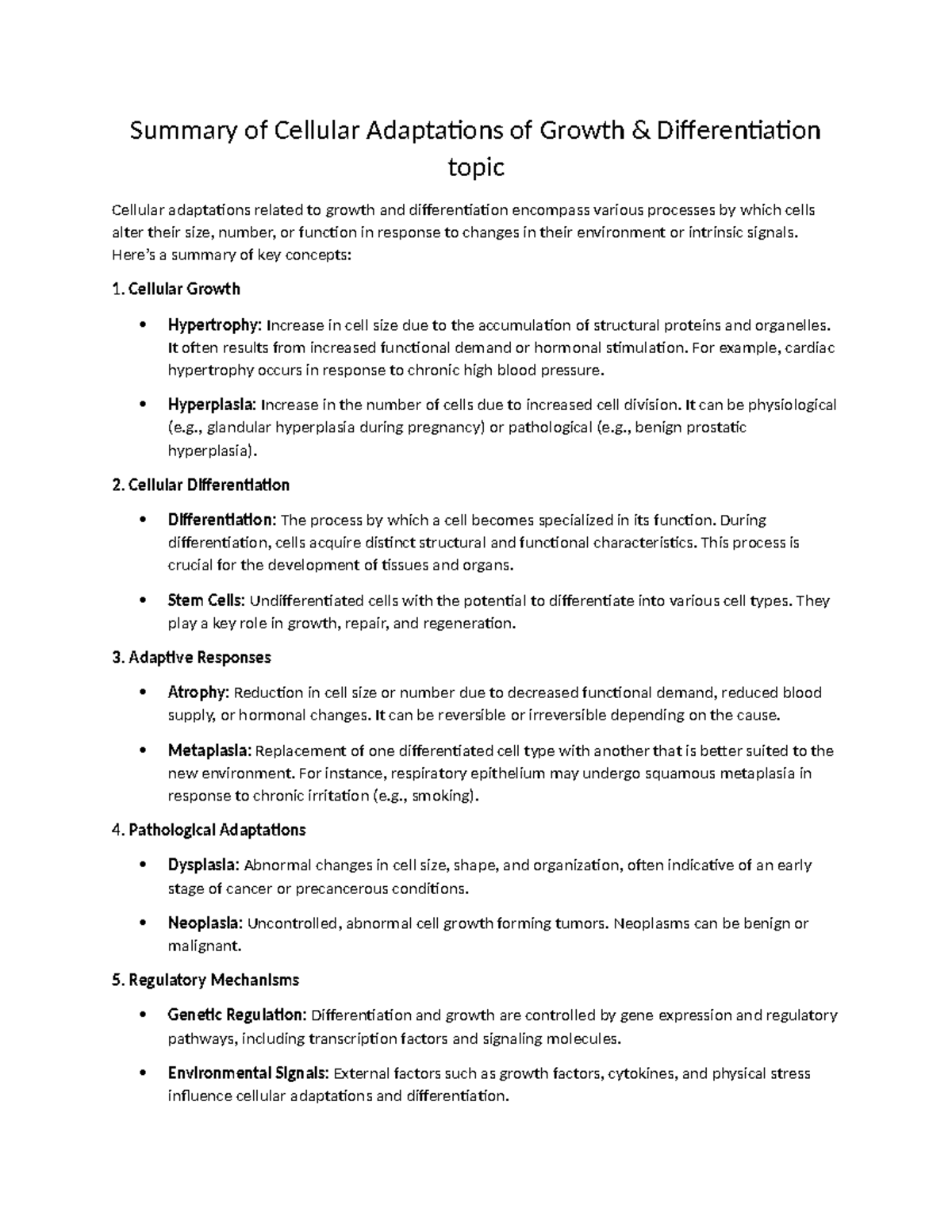 Summary of Cellular Adaptations of Growth - Here’s a summary of key ...