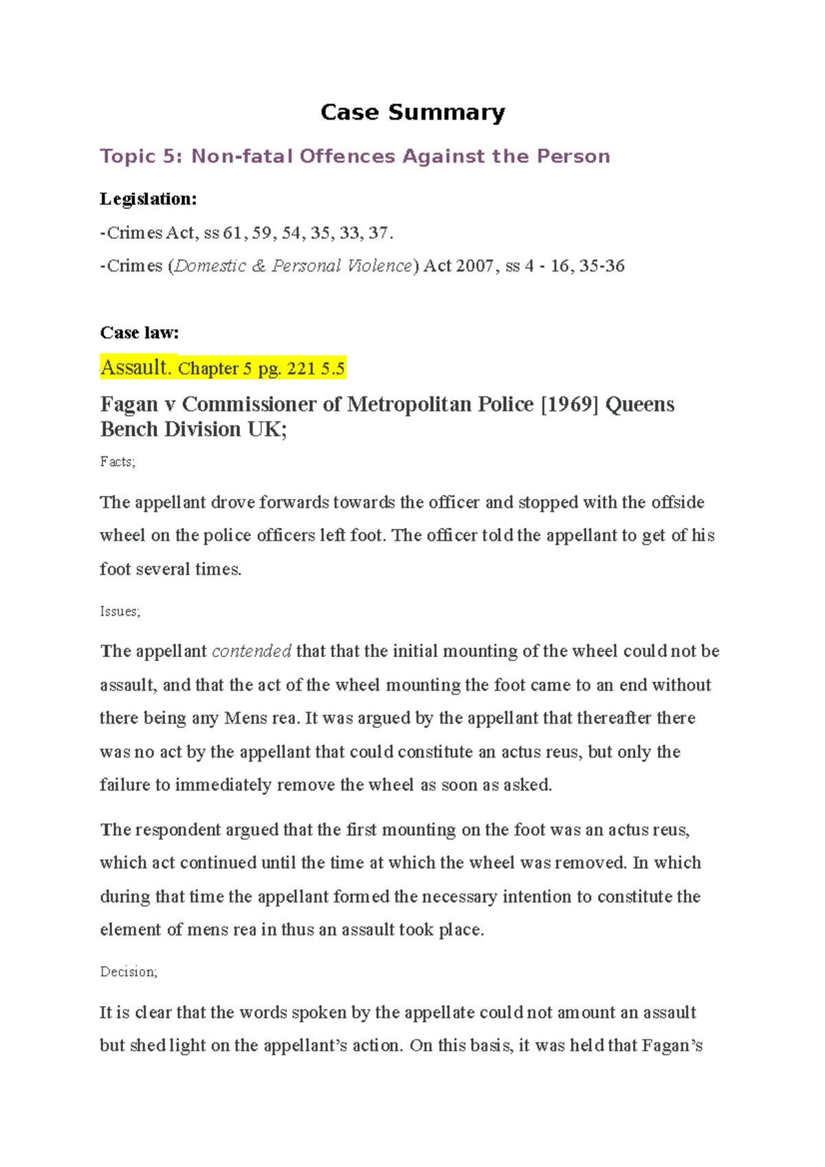 Criminal law exam notes - Case Summary Topic 5: Non-fatal Offences ...