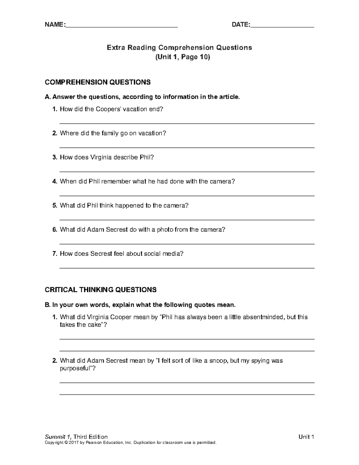 01-Reading Comprehension Unit 1 - Copyright © 2017 by Pearson Education ...