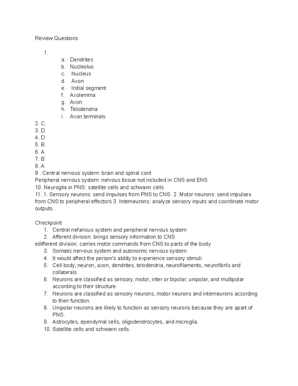 anatomy hw 1 chapter 12 - Review Questions 1. a. Dendrites b. Nucleolus ...