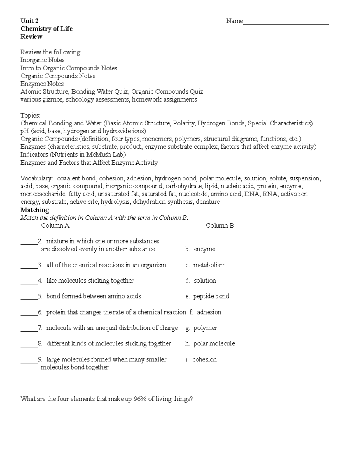 Unit 2 Chemistry of Life review 2021 - Unit 2 Name ...