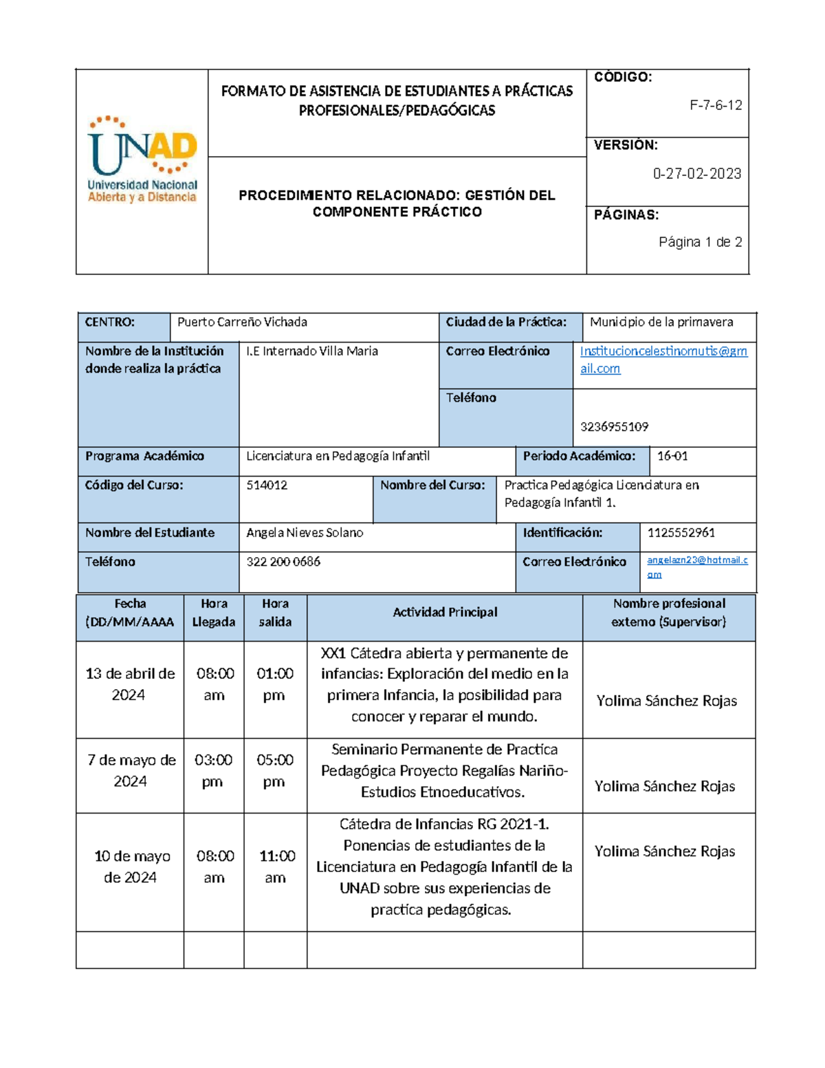 F-7-6-1 Formato DE Asistencia DE Estudiantes A Sesión DE Componente ...