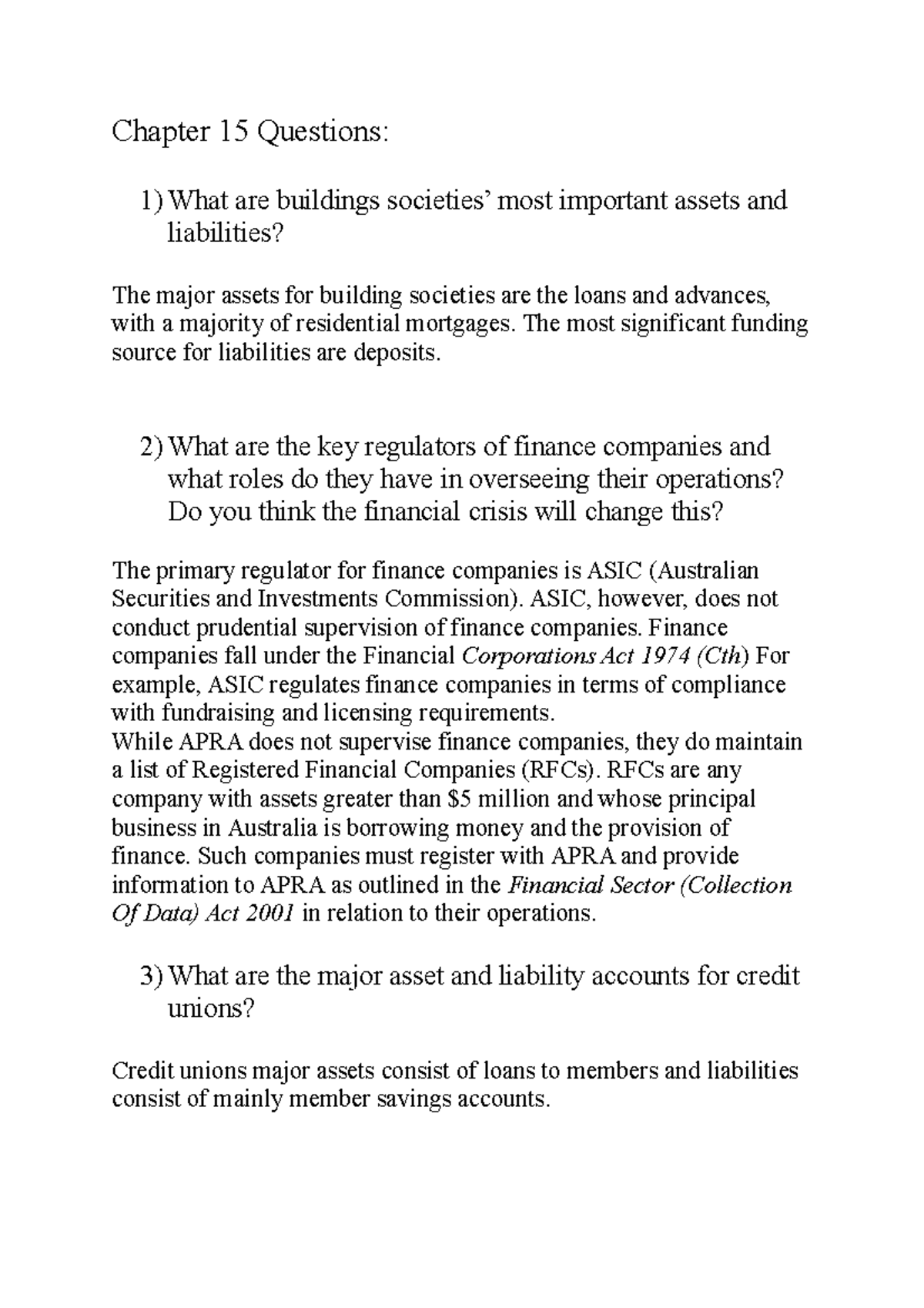 Chapter 15 Questions for tutorial submission - Chapter 15 Questions: 1 ...