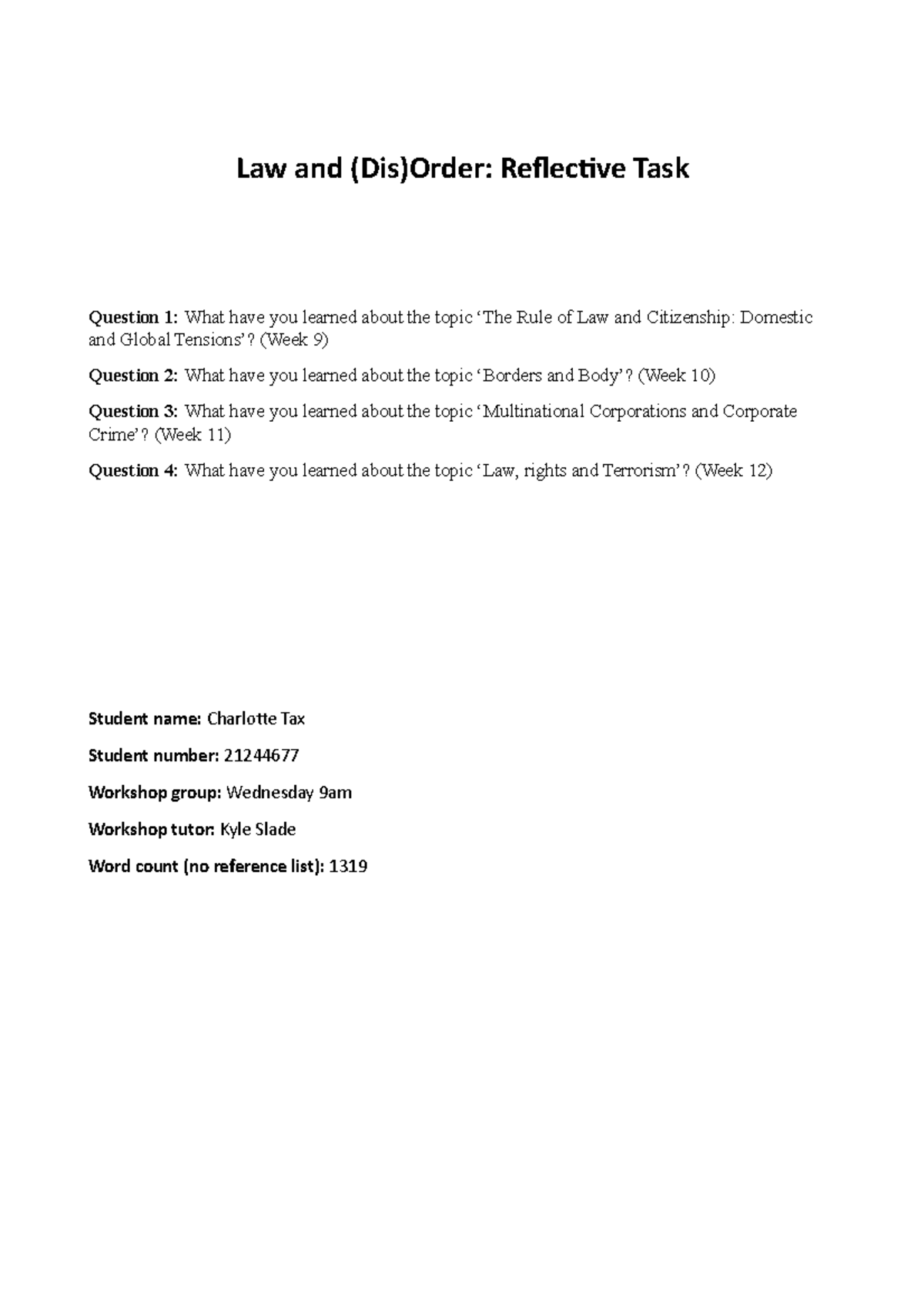 Law and (Dis)Order: Reflective Task - Law and (Dis)Order: Reflective ...