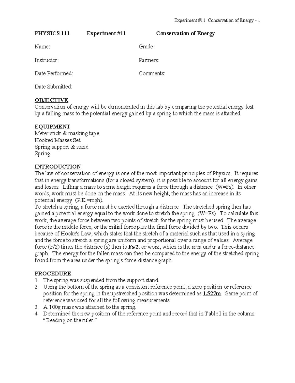 2016 F PHYL111 300 LAB11 - Experiment #11 Conservation of Energy - 1 ...