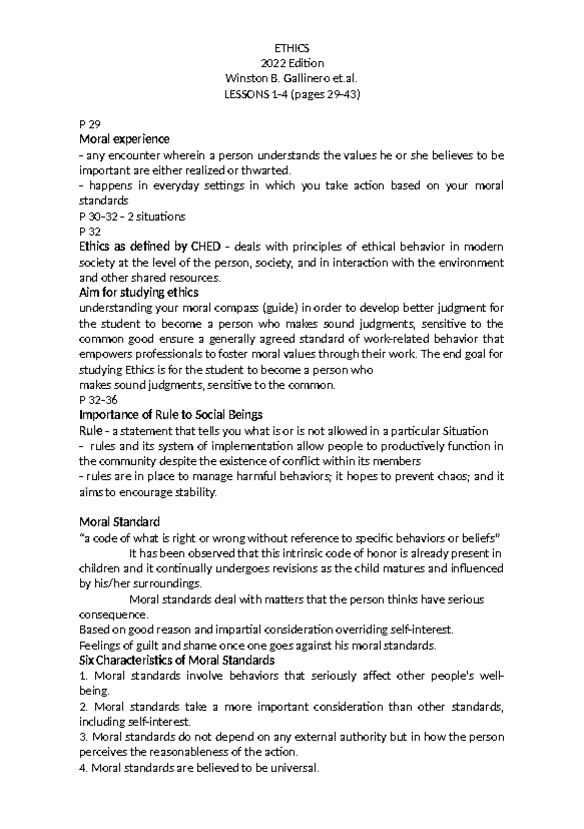Ethics Lessons 1-4 (pages 29-43) - ETHICS 2022 Edition Winston B ...
