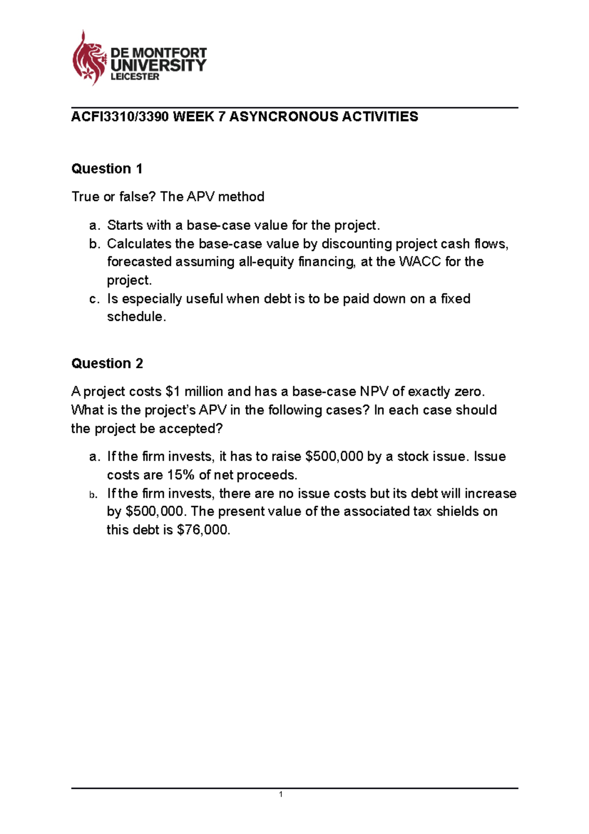 Week 7 async activities - ACFI3310/3390 WEEK 7 ASYNCRONOUS ACTIVITIES ...