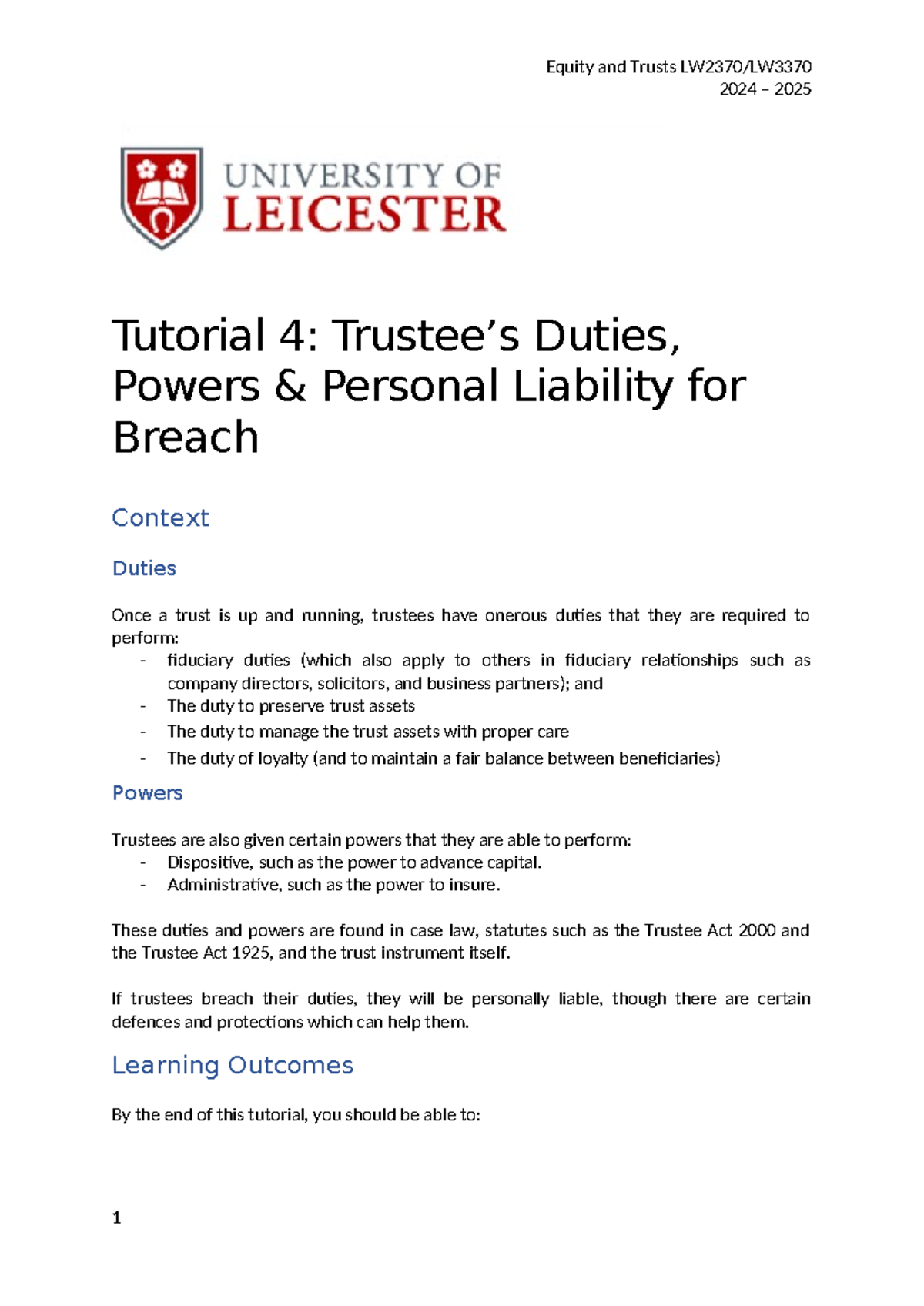 Tutorial 4 - 2024 – 2025 Tutorial 4: Trustee’s Duties, Powers & Personal Liability for Breach ...
