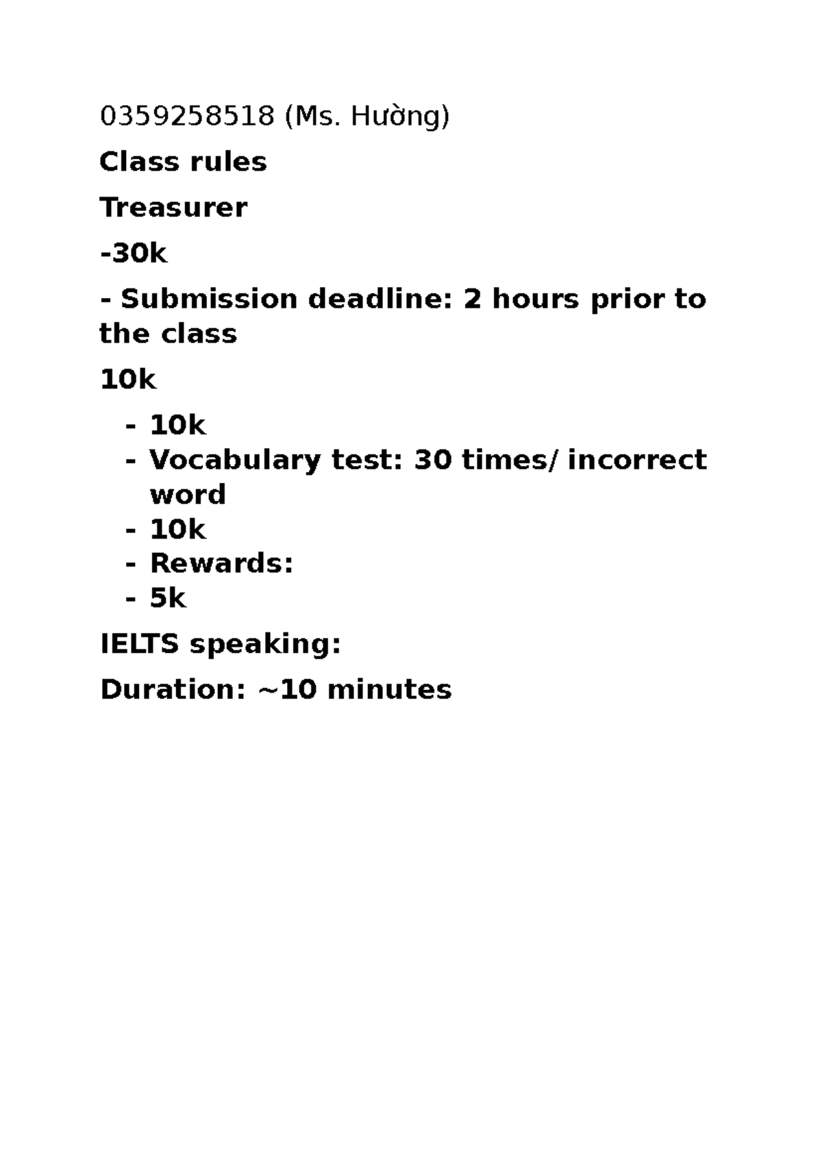 Speaking-Day-1 - huhu - 0359258518 (Ms. Hường) Class rules Treasurer ...