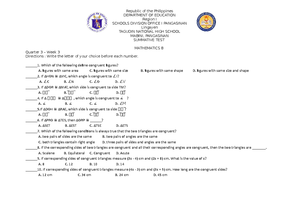 Summative TEST W3Q3 MATH 8 2 - Geometry (Mathematics 8) - Republic of ...