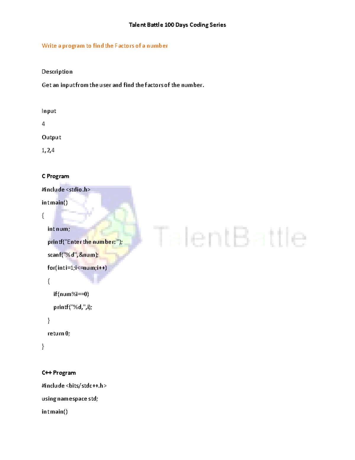 Day 17 Coding Solutions Talent Battle 100 Days Coding Series Write A Program To Find The 