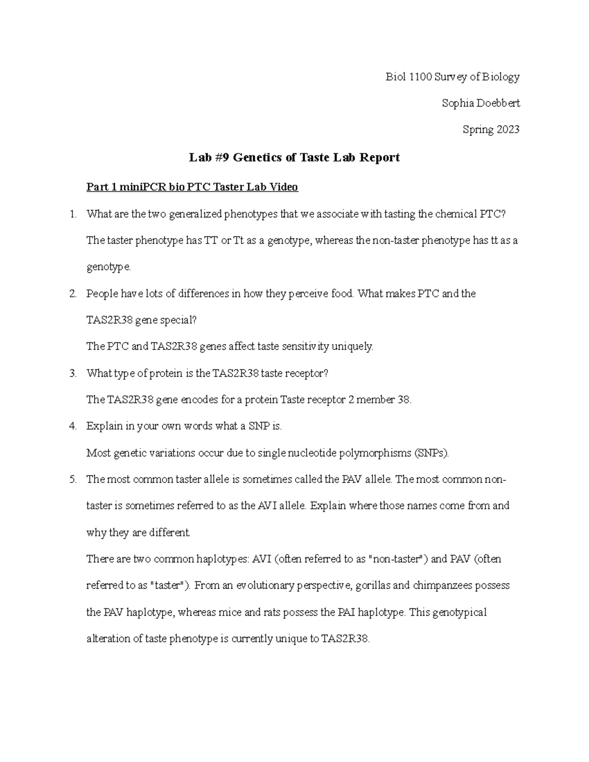Lab #9 Genetics of Taste - Lab Report - Biol 1100 Survey of Biology ...