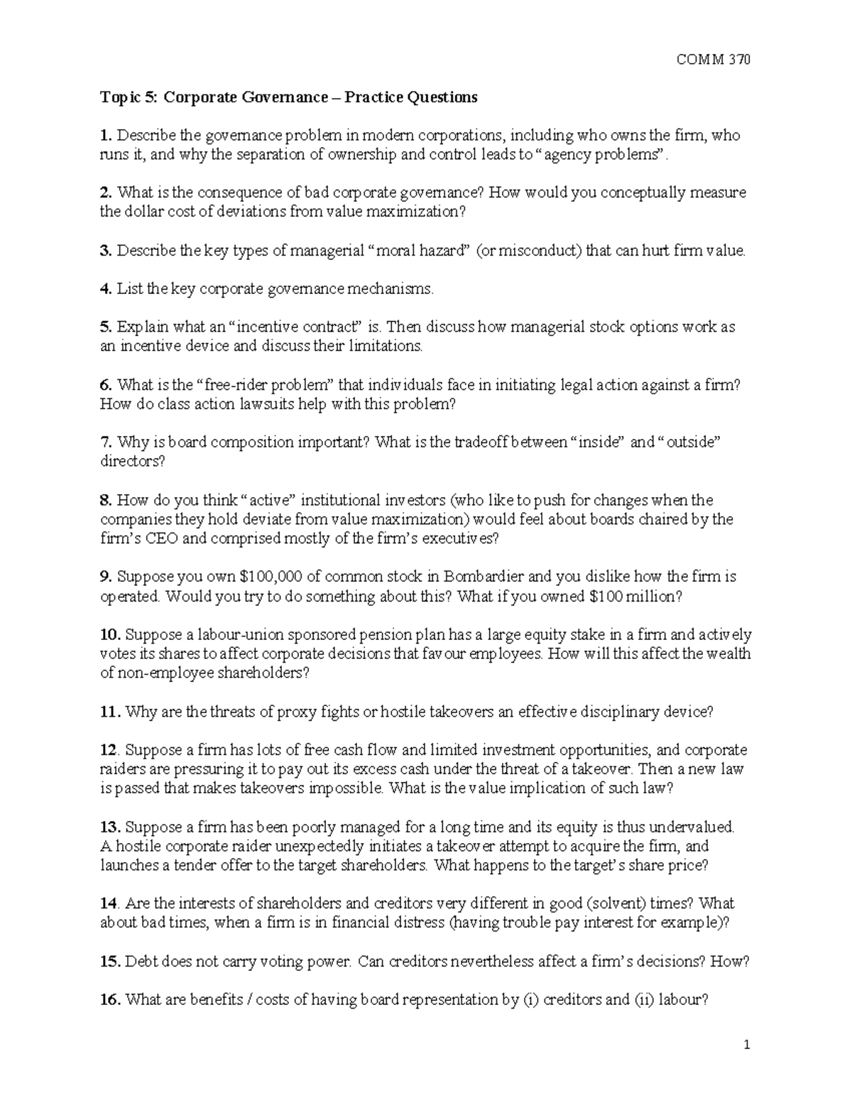 Topic 5 - Corporate Governance - Practice Questions - COMM 370 1 Topic ...
