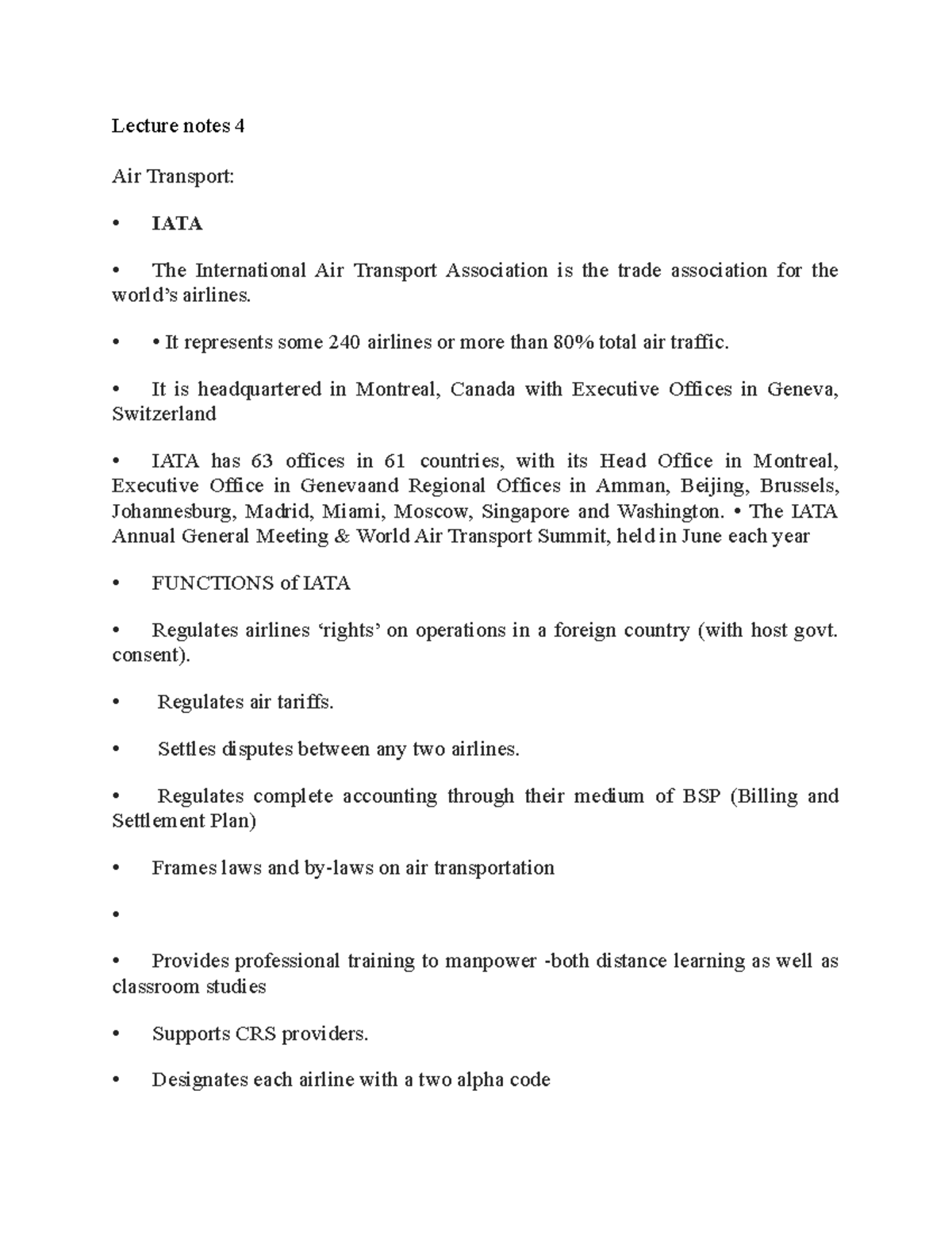 Lecture notes 4 - Managing transport operations - Lecture notes 4 Air ...